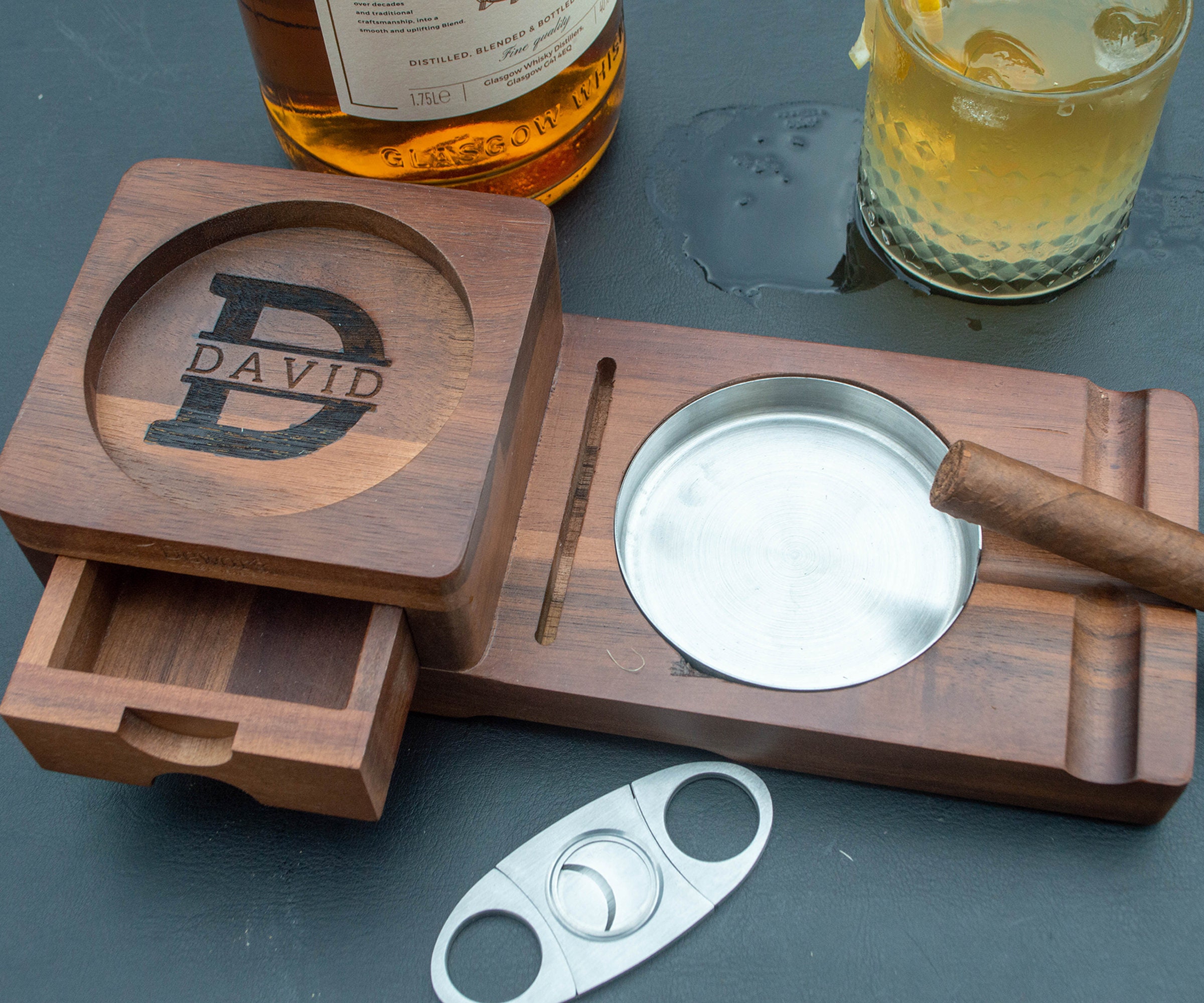 Personalized Cigar Ashtray With Coaster, Custom Walnut Wood Cigarette ...