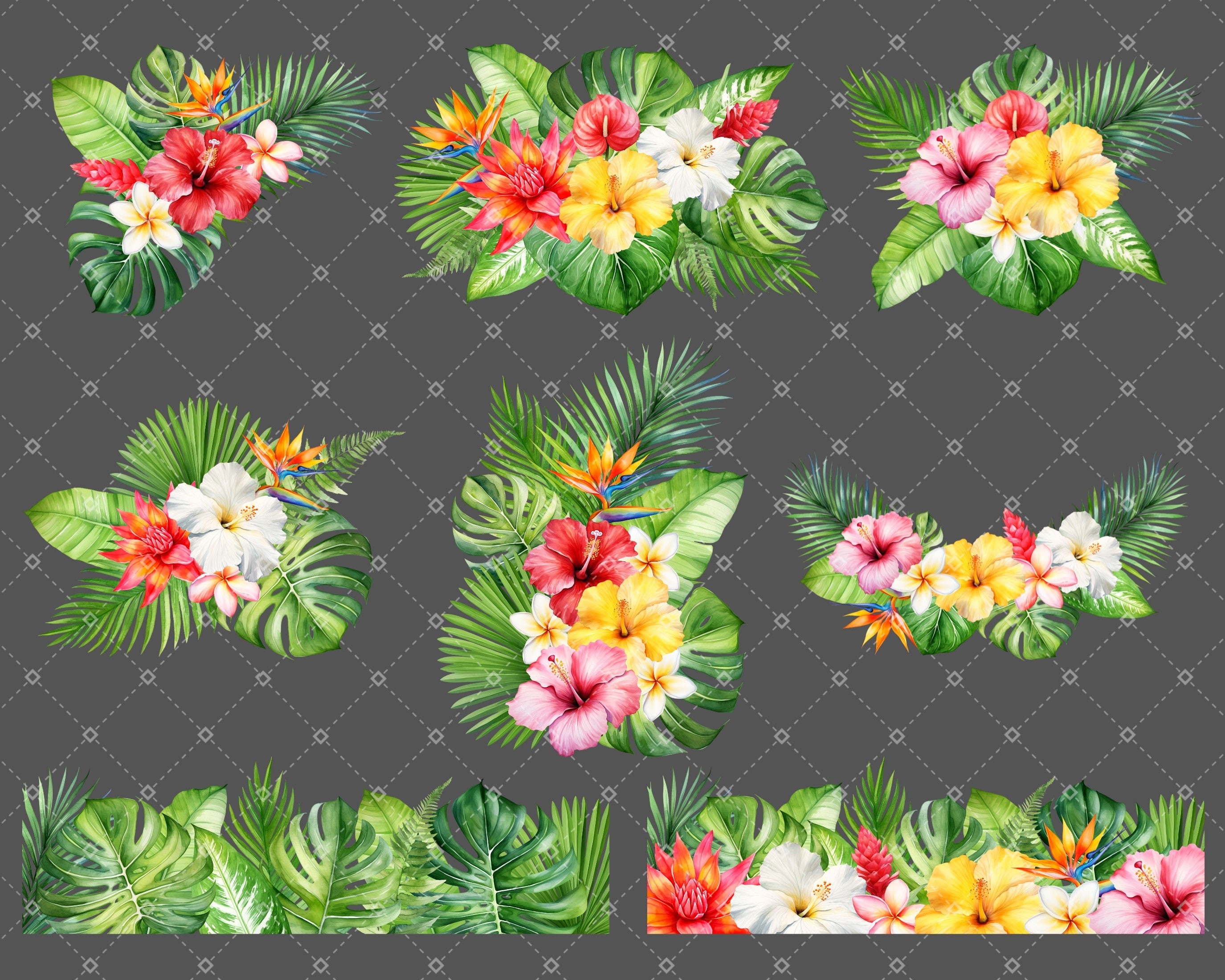 Set of 32 Png, Tropical Flowers Clipart, Tropical Greenery, Summer ...