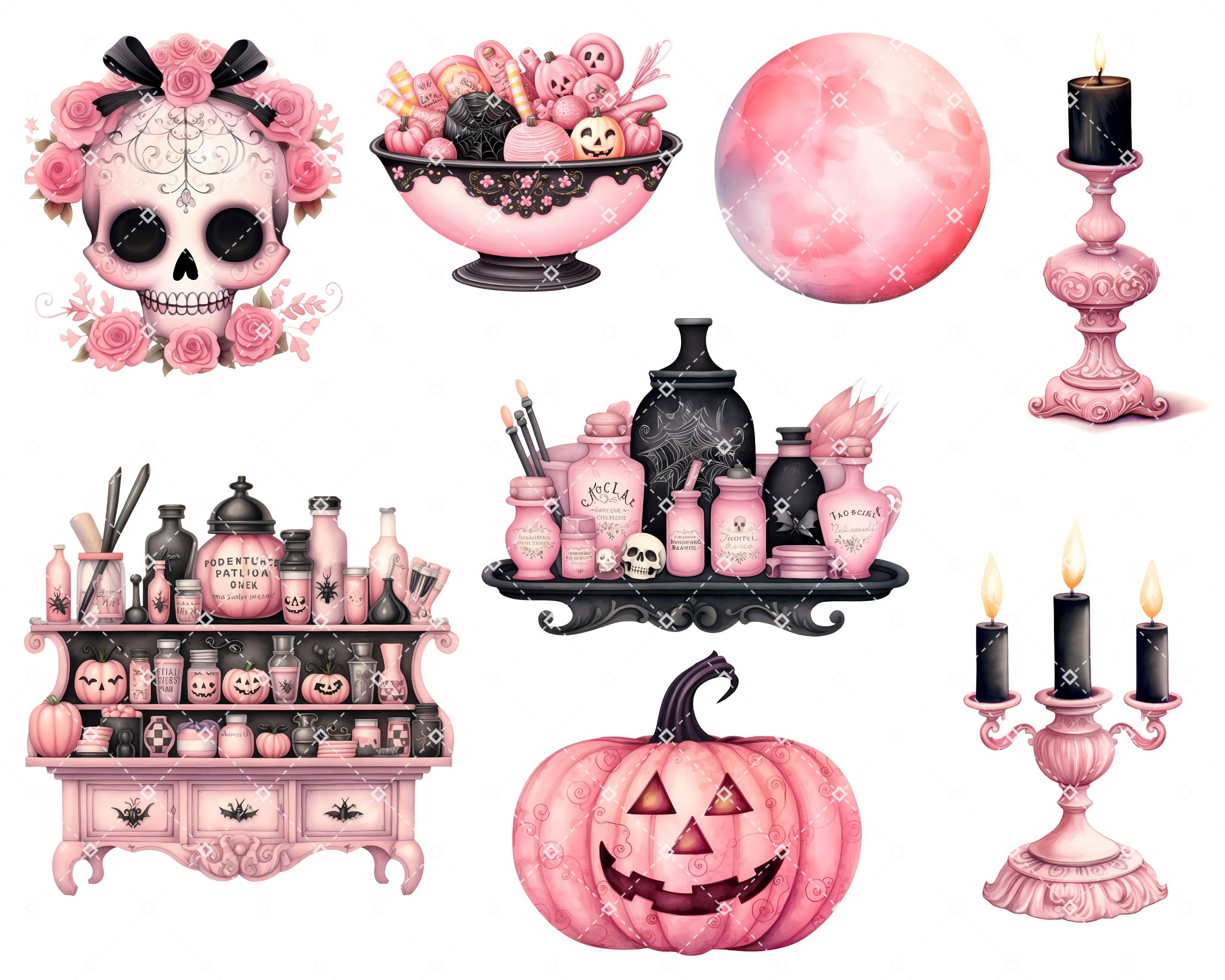 Pink Halloween Watercolor Clipart Collection, Cute Pastel Halloween PNG ...