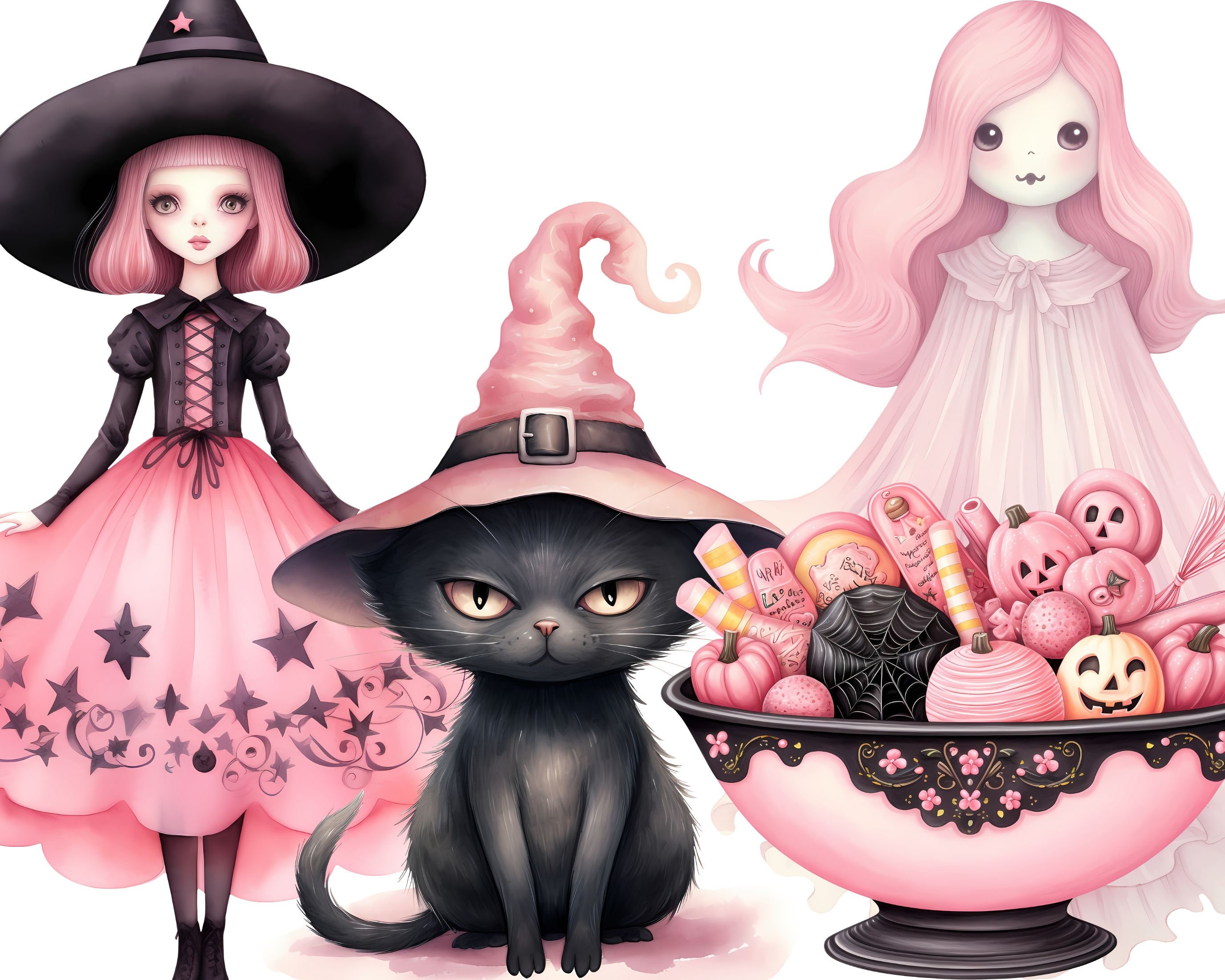 Pink Halloween Watercolor Clipart Collection, Cute Pastel Halloween PNG ...