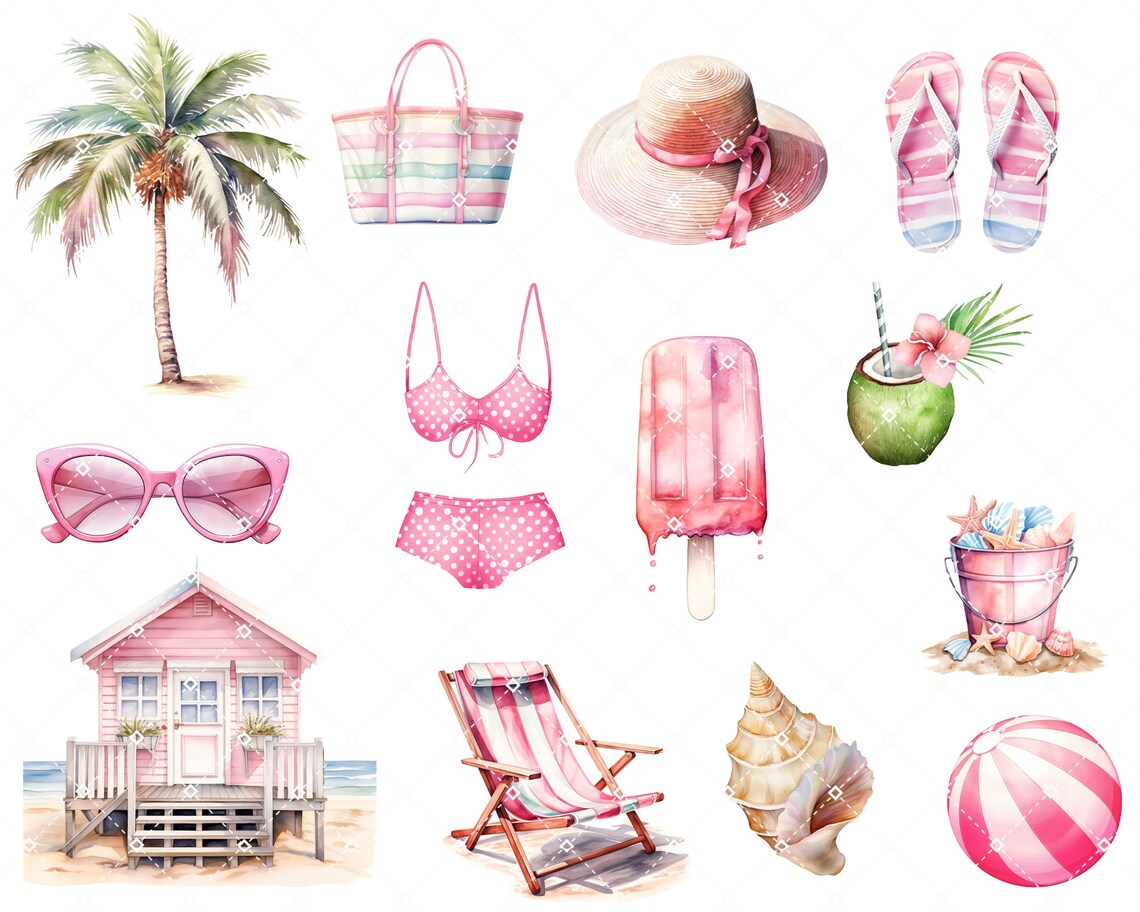 Pink Summer Watercolor Clipart, Vacation Beach Clipart, Ocean Travel ...