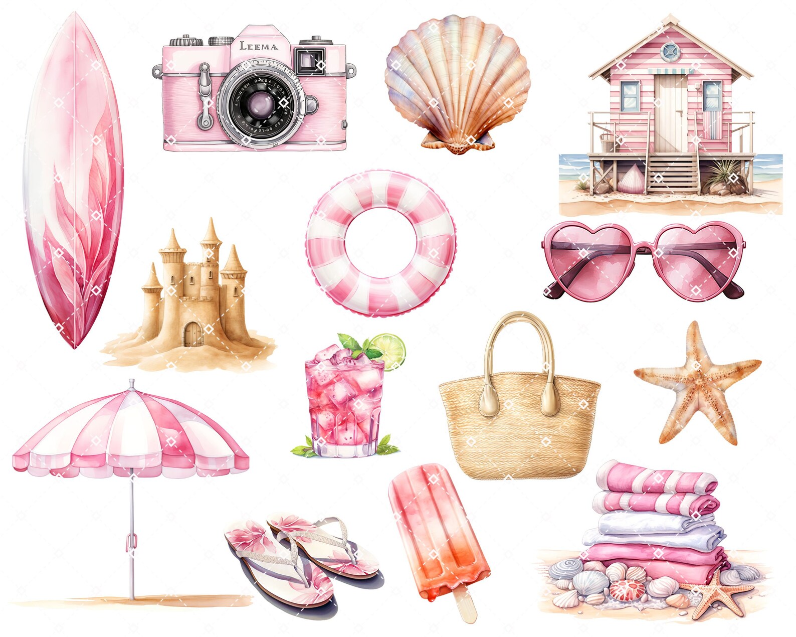 Pink Summer Watercolor Clipart, Vacation Beach Clipart, Ocean Travel ...