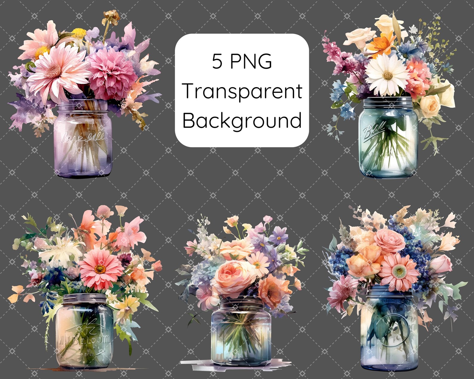 Set of 5 Png, Flowers in Jar Clipart, Flowers Png, Flower bouquet Png ...