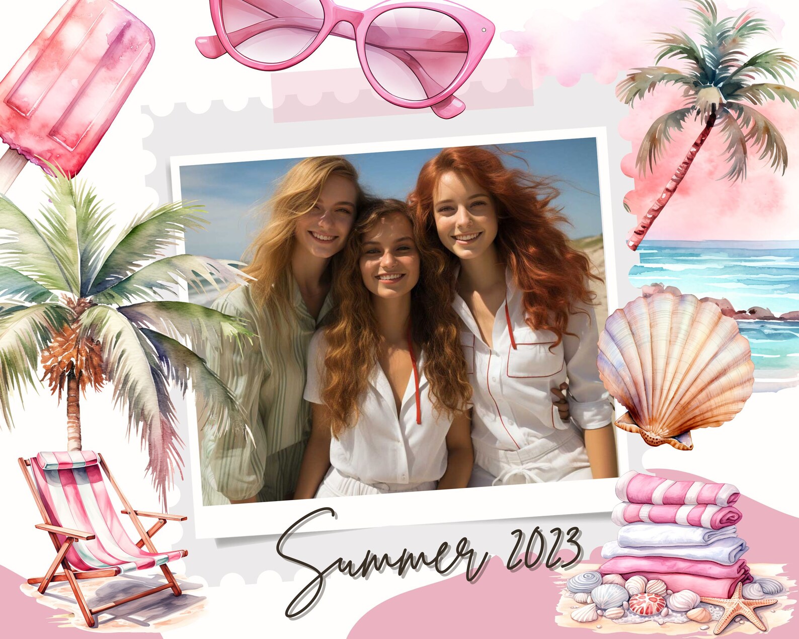 Pink Summer Watercolor Clipart, Vacation Beach Clipart, Ocean Travel ...