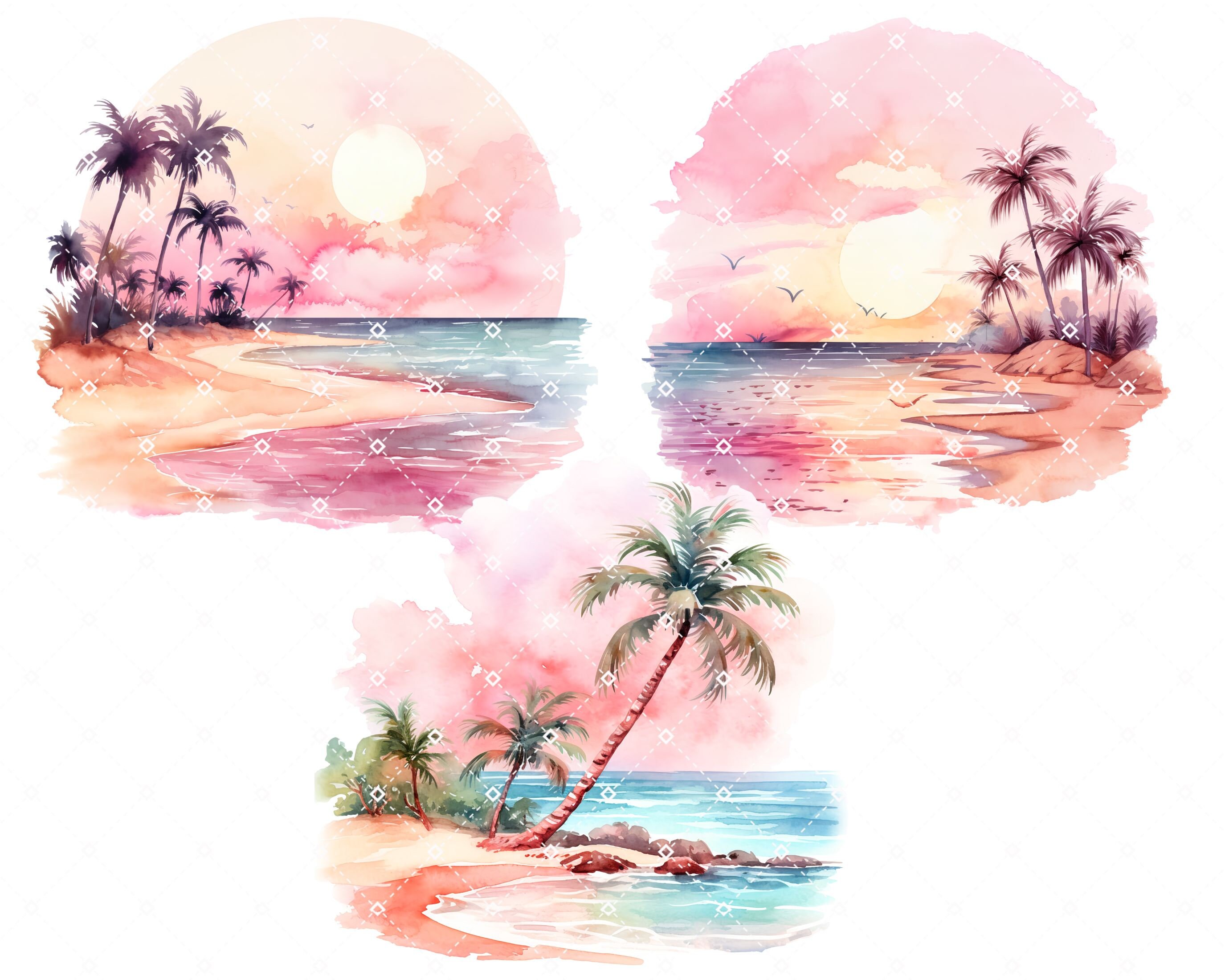Pink Summer Watercolor Clipart, Vacation Beach Clipart, Ocean Travel ...