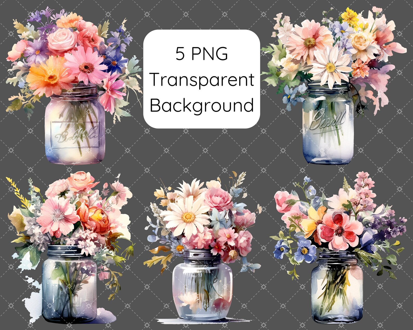 Set of 5 Png, Flowers in Jar Clipart, Flowers Png, Flower Bouquet Png ...