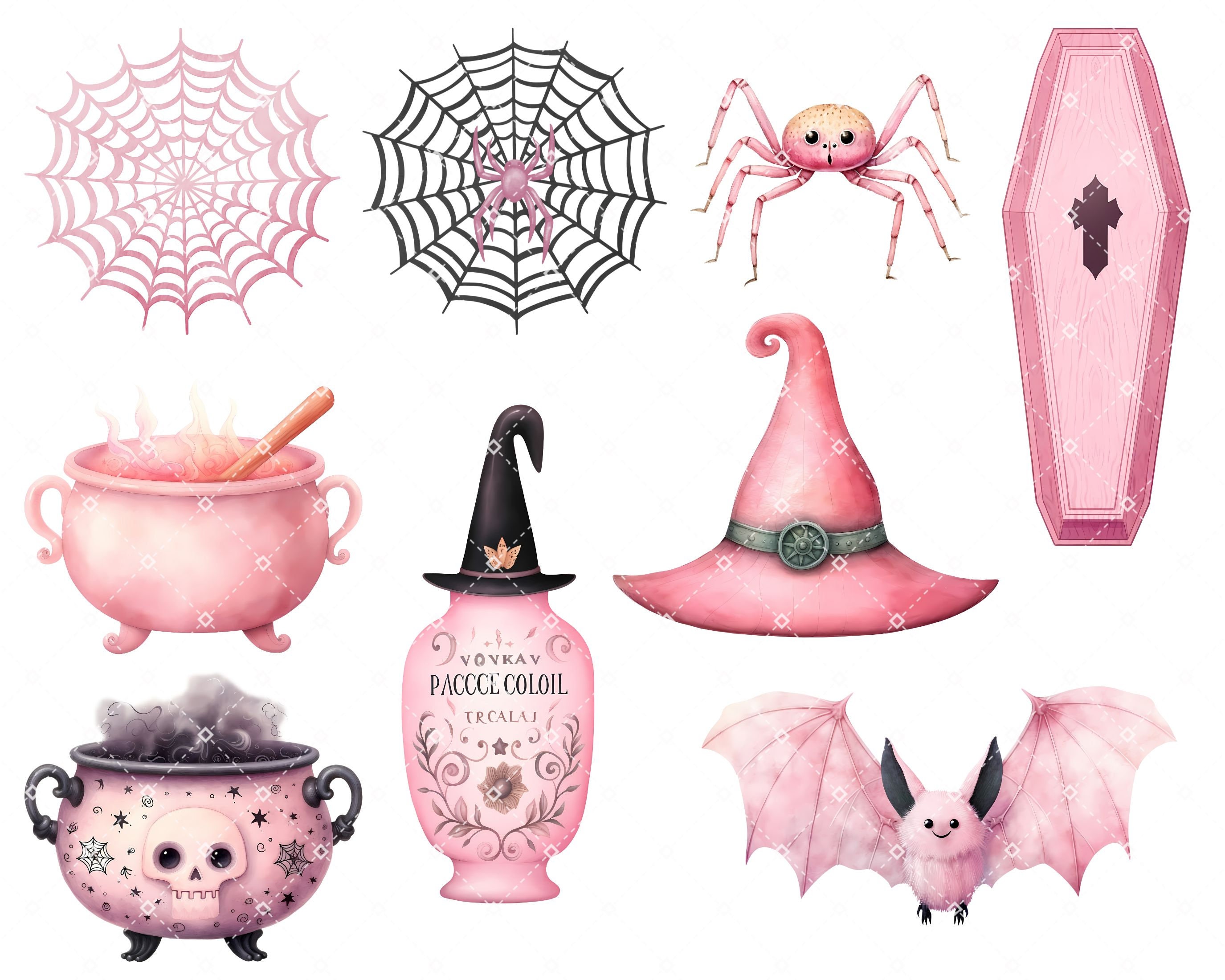 Pink Halloween Watercolor Clipart Collection, Cute Pastel Halloween PNG ...