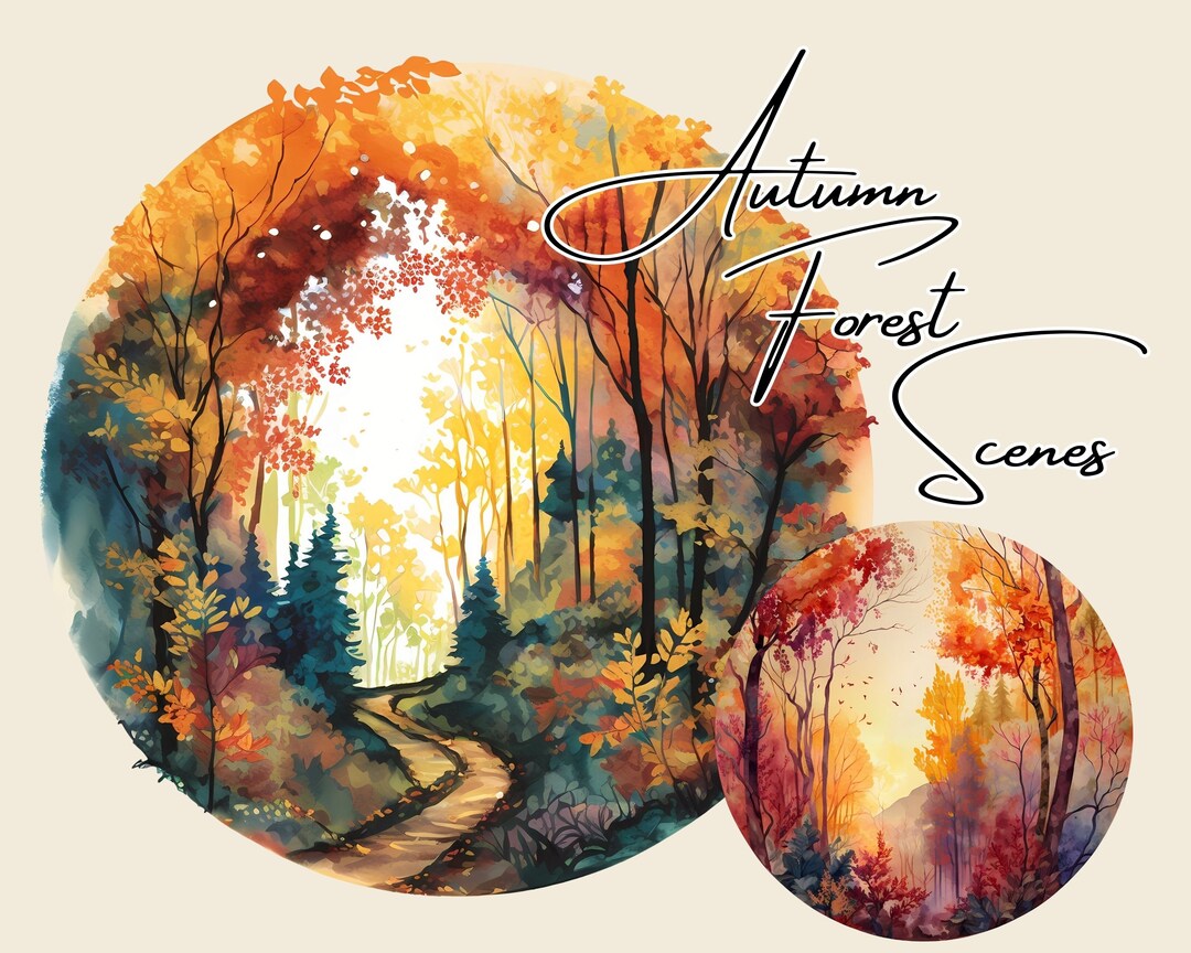 Autumn Forest Scenes Clipart, Watercolor Fall Scenery, Autumn Landscape ...