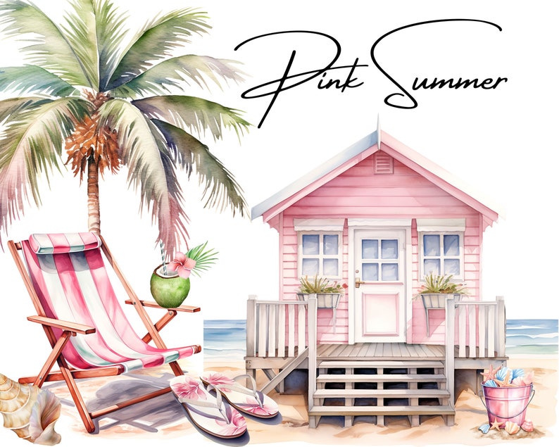Pink Summer Watercolor Clipart, Vacation Beach Clipart, Ocean Travel ...