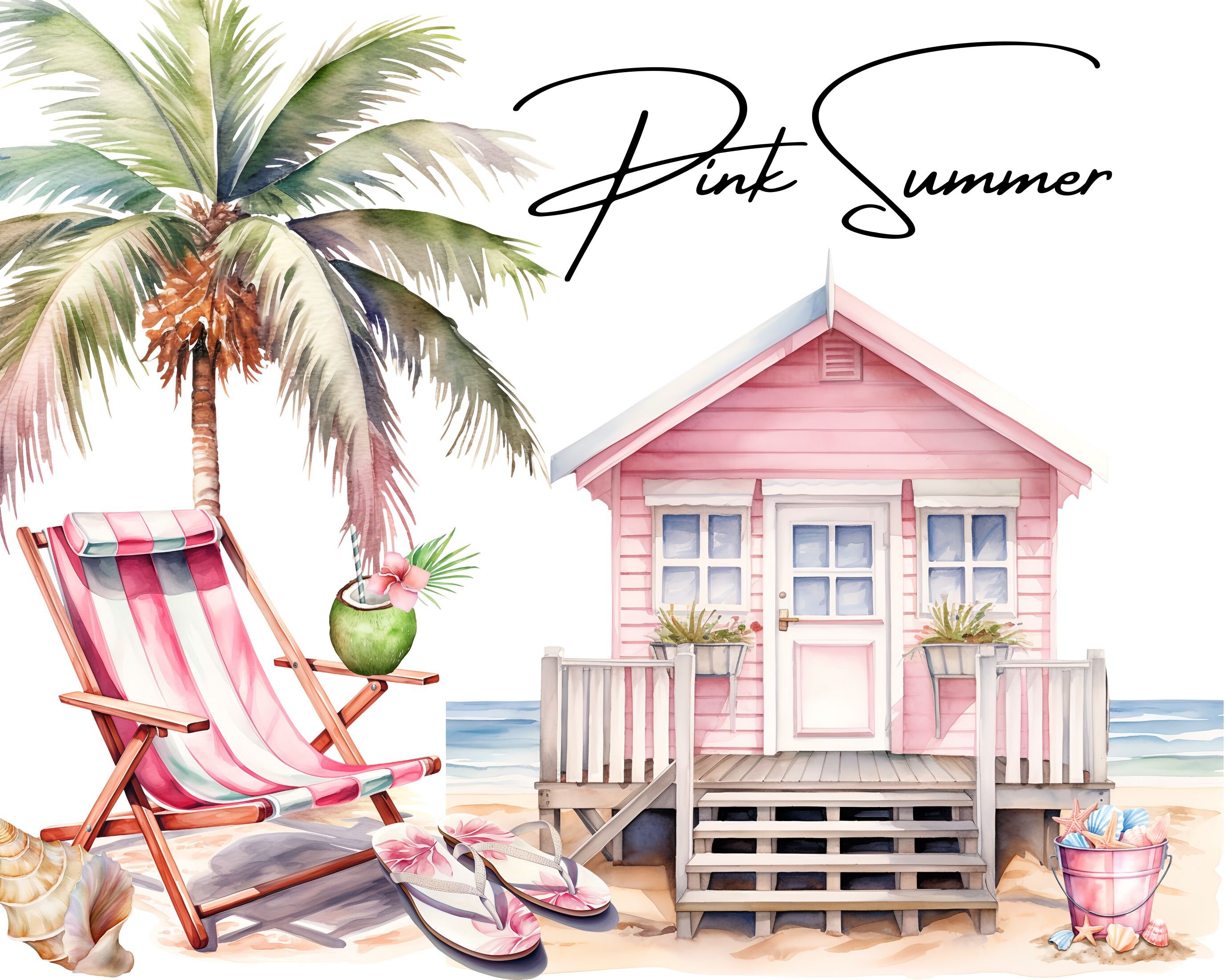 Pink Summer Watercolor Clipart, Vacation Beach Clipart, Ocean Travel ...