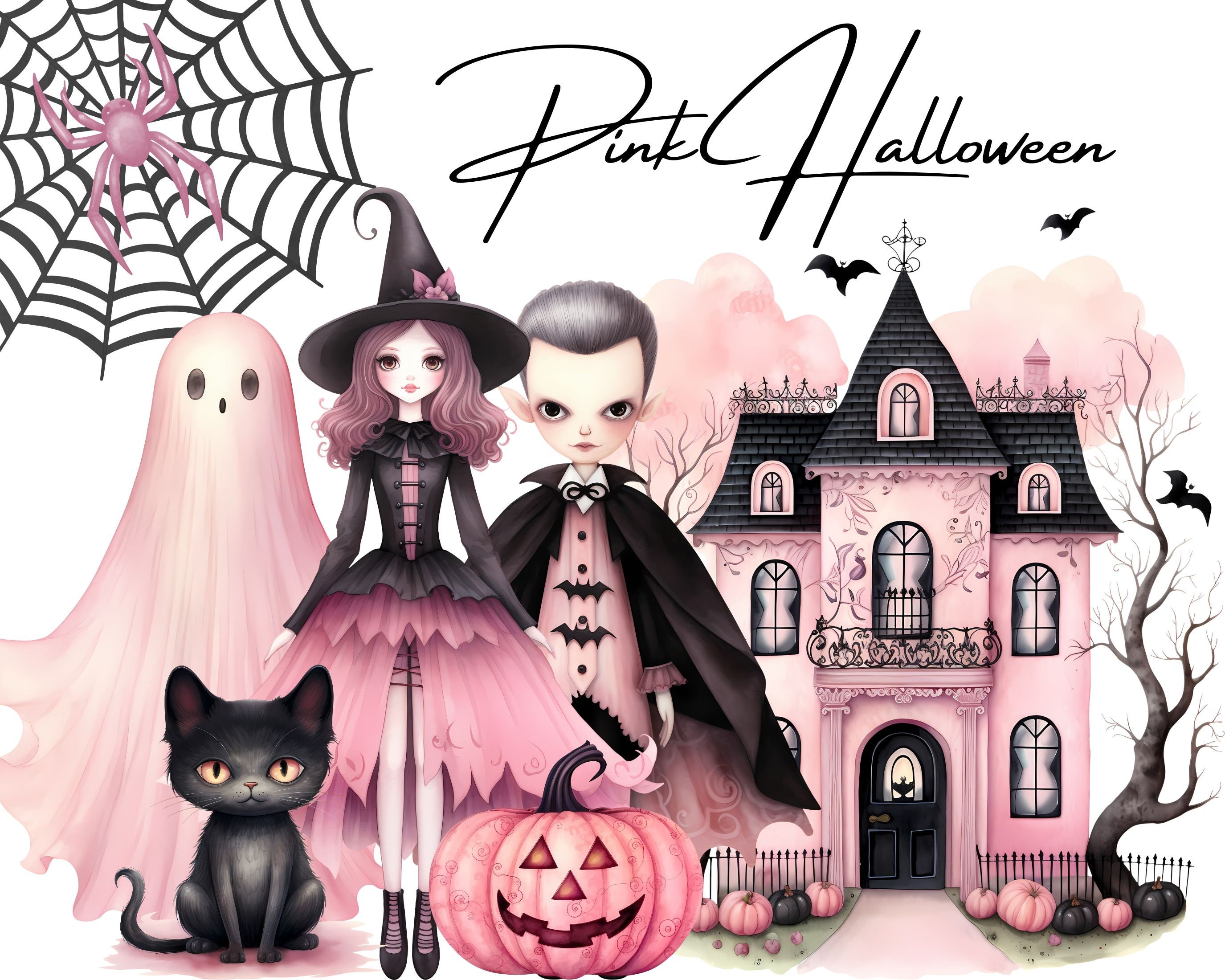 Pink Halloween Watercolor Clipart Collection, Cute Pastel Halloween PNG ...