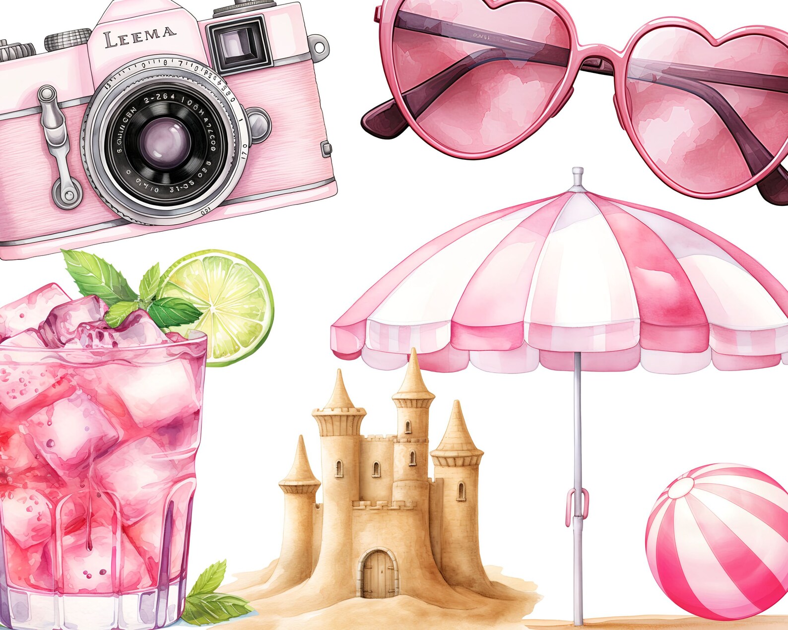 Pink Summer Watercolor Clipart, Vacation Beach Clipart, Ocean Travel ...