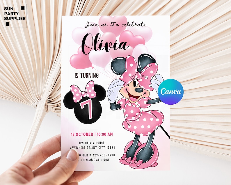 Editable Minnie Mouse 7th Birthday Invitation (canva Template) - Etsy