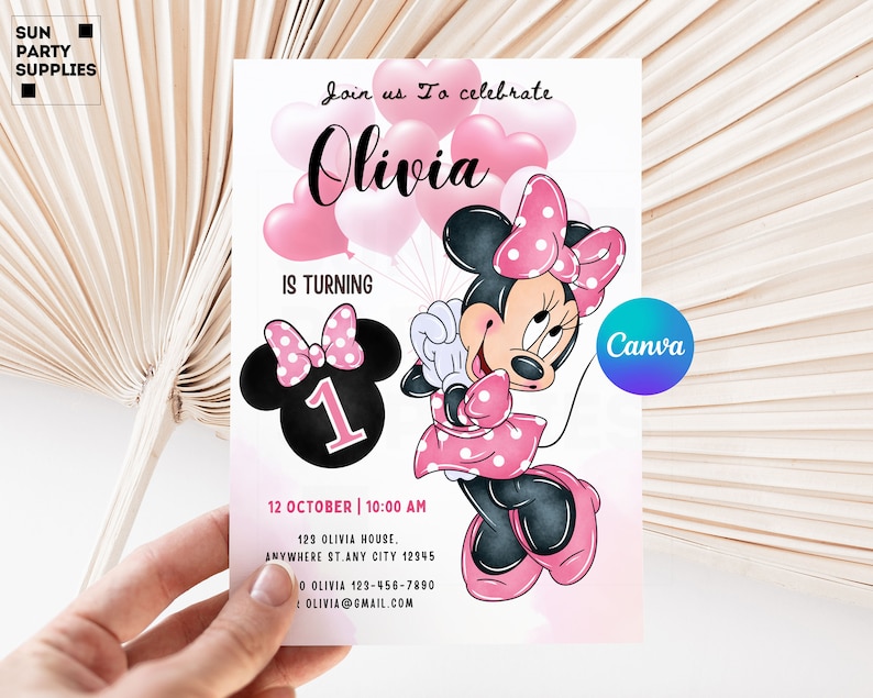 Invitación de cumpleaños editable de Minnie Mouse, cumpleaños de Minnie Mouse, primer cumpleaños ...