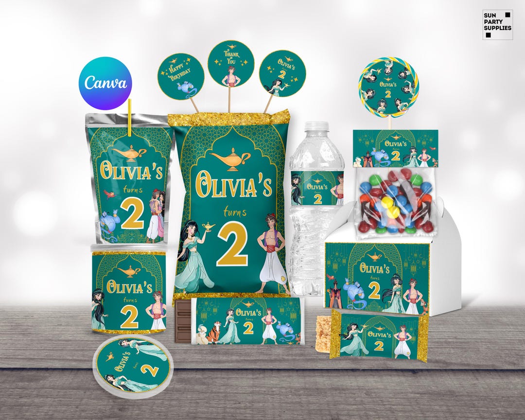 Princess Jasmine Birthday Party Favor Labels, DIY Decor (canva Editable ...
