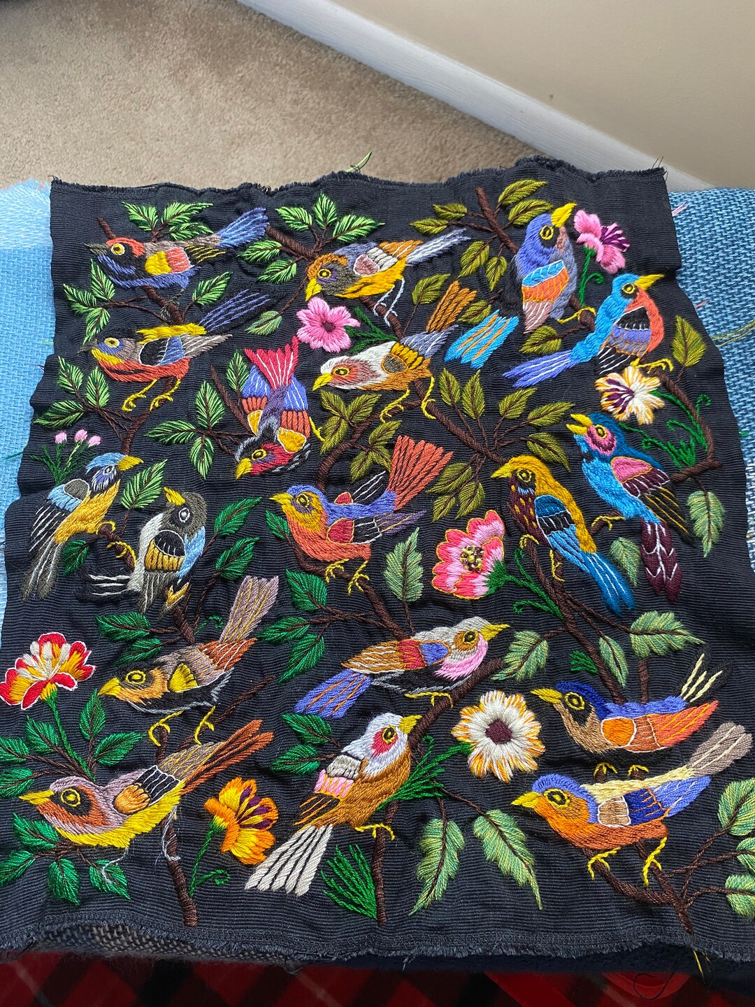 Mayan Embroidered Cloth handmade Birds and Flowers on Black Background ...