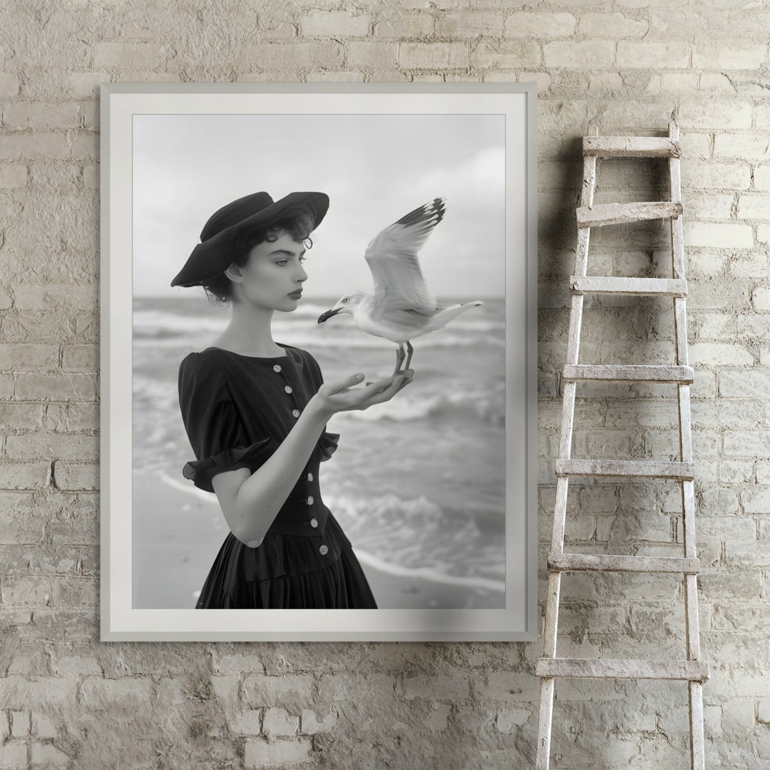 Lady and Seagull Print Black and White Art Seagull Print - Etsy