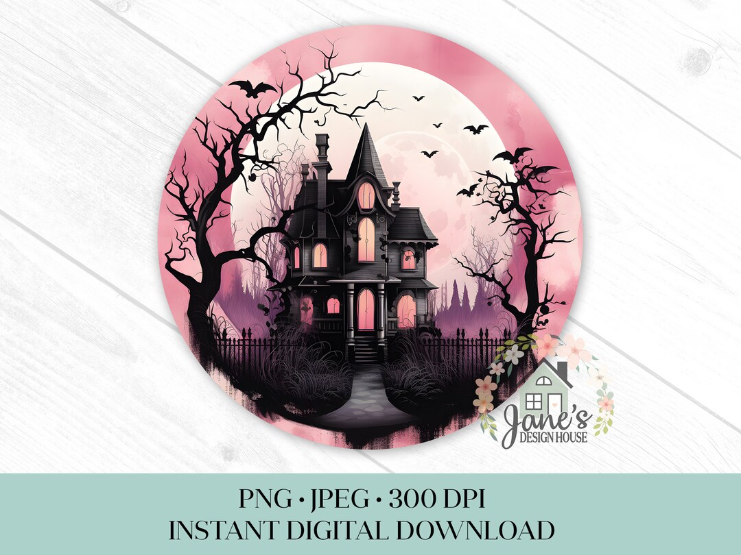 Pink Haunted House Wreath Sign PNG, Pastel Halloween Sublimation ...