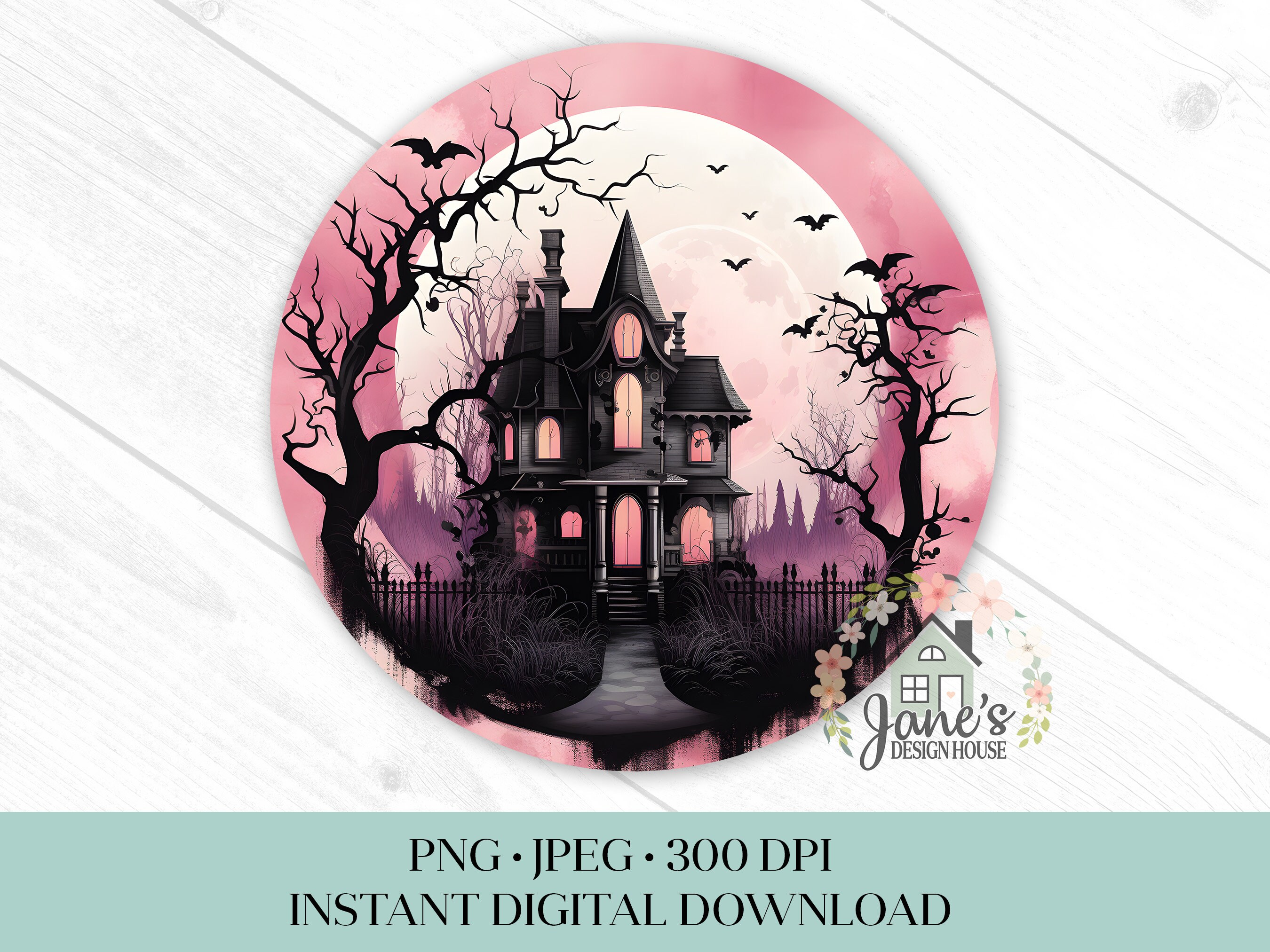 Pink Haunted House Wreath Sign PNG, Pastel Halloween Sublimation ...