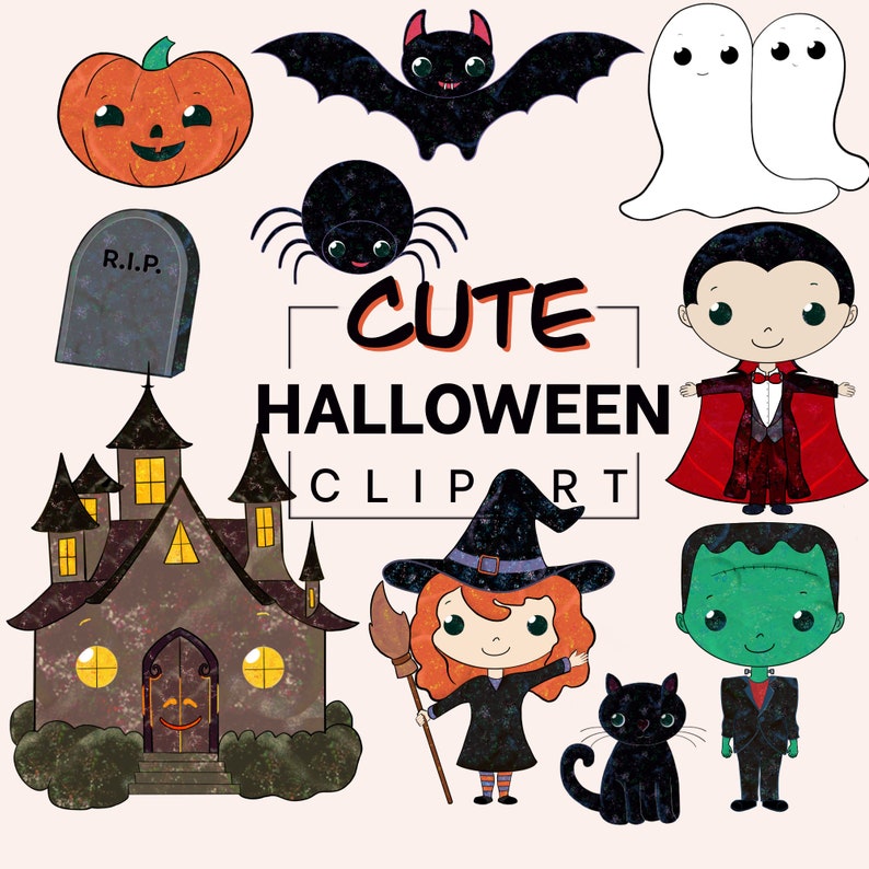 Cute Halloween Character Clipart: Haunted Mansion, Witch, Frankenstein ...