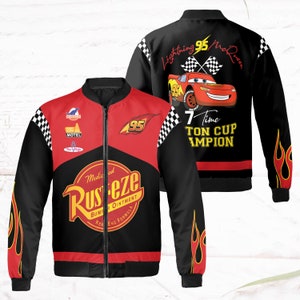 Vintage Lightning Mcqueen 95 Fleece Bomber Jacket, Rust-eze Cars Piston ...