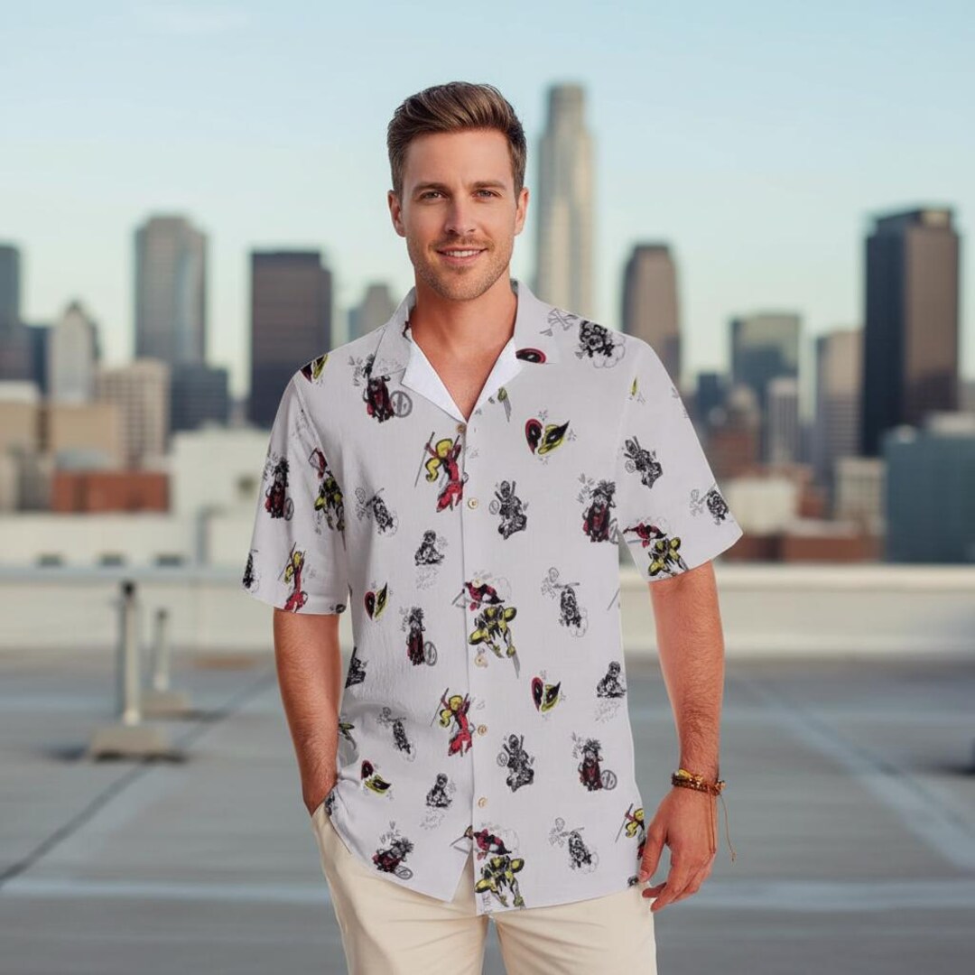 Vintage Deadpool and Wolverine Hawaiian Shirt, Funny Marvel Doodle ...