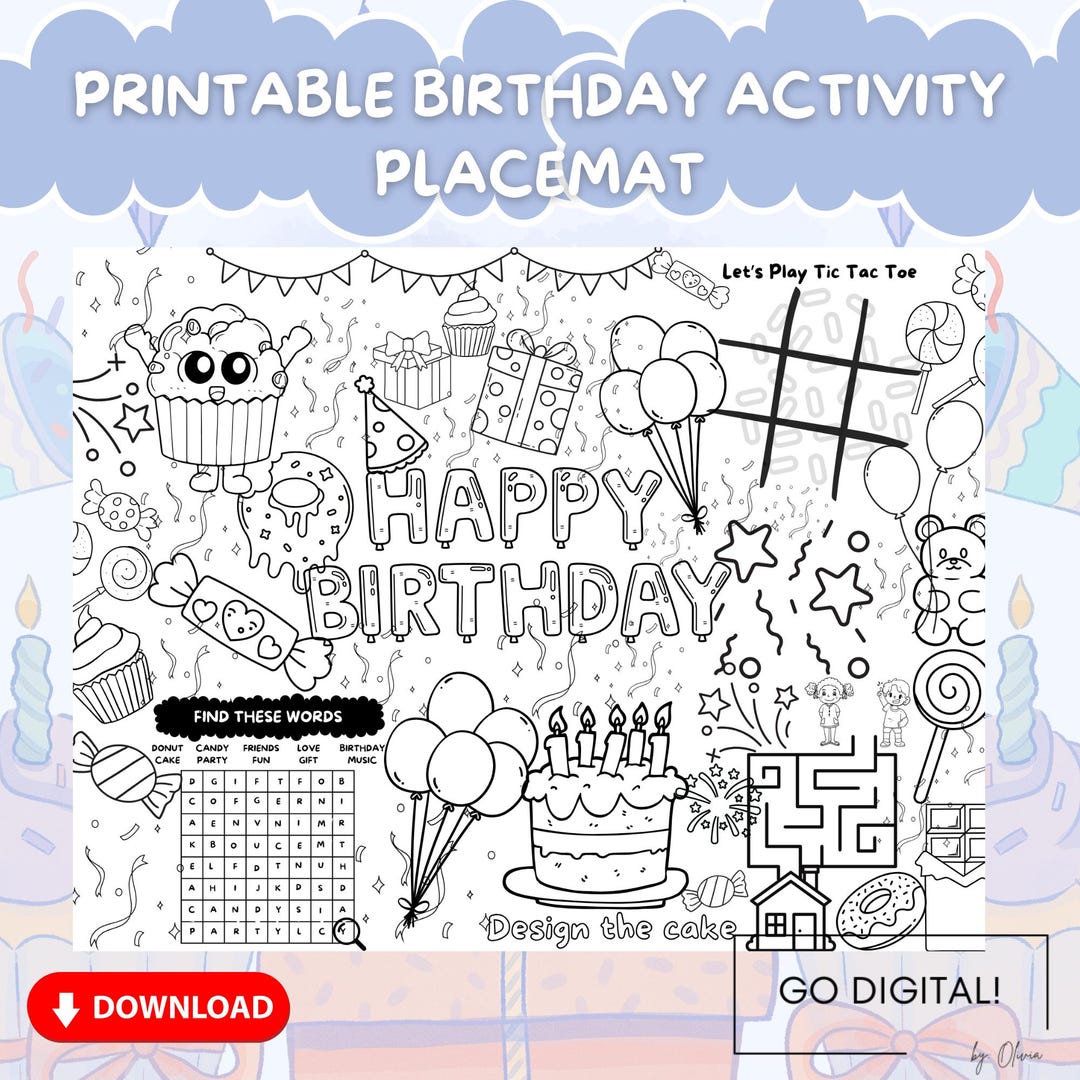 Birthday Party Coloring Placemat | Digital Download | Kids Party ...
