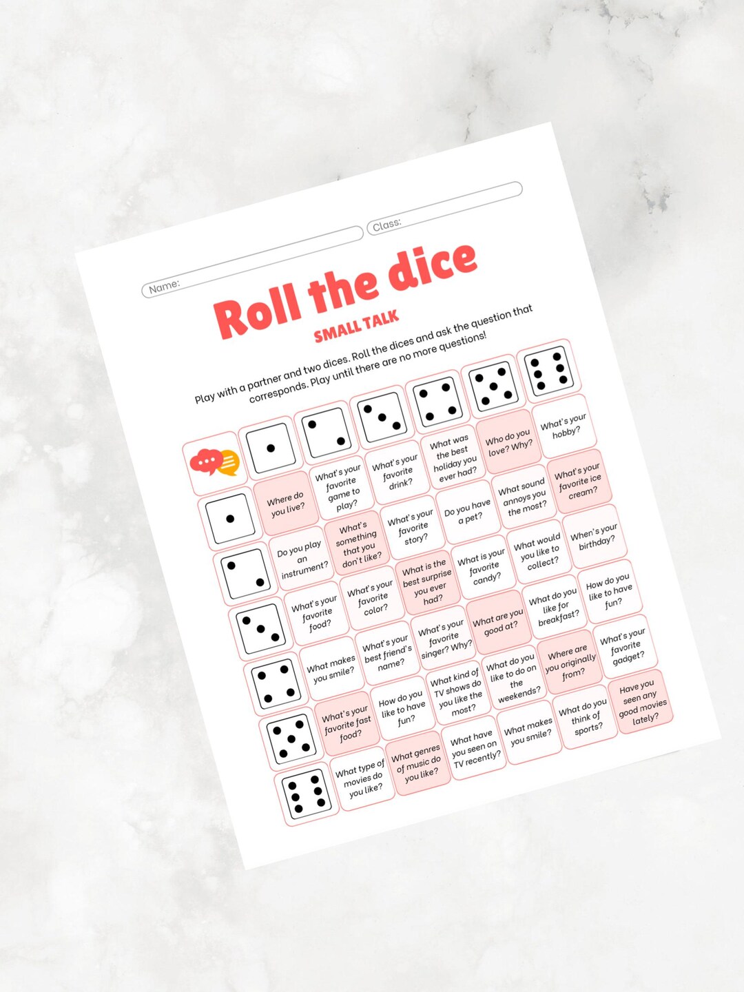 Roll the Dice Small Talk Game | Icebreaker Printable (instant Download ...