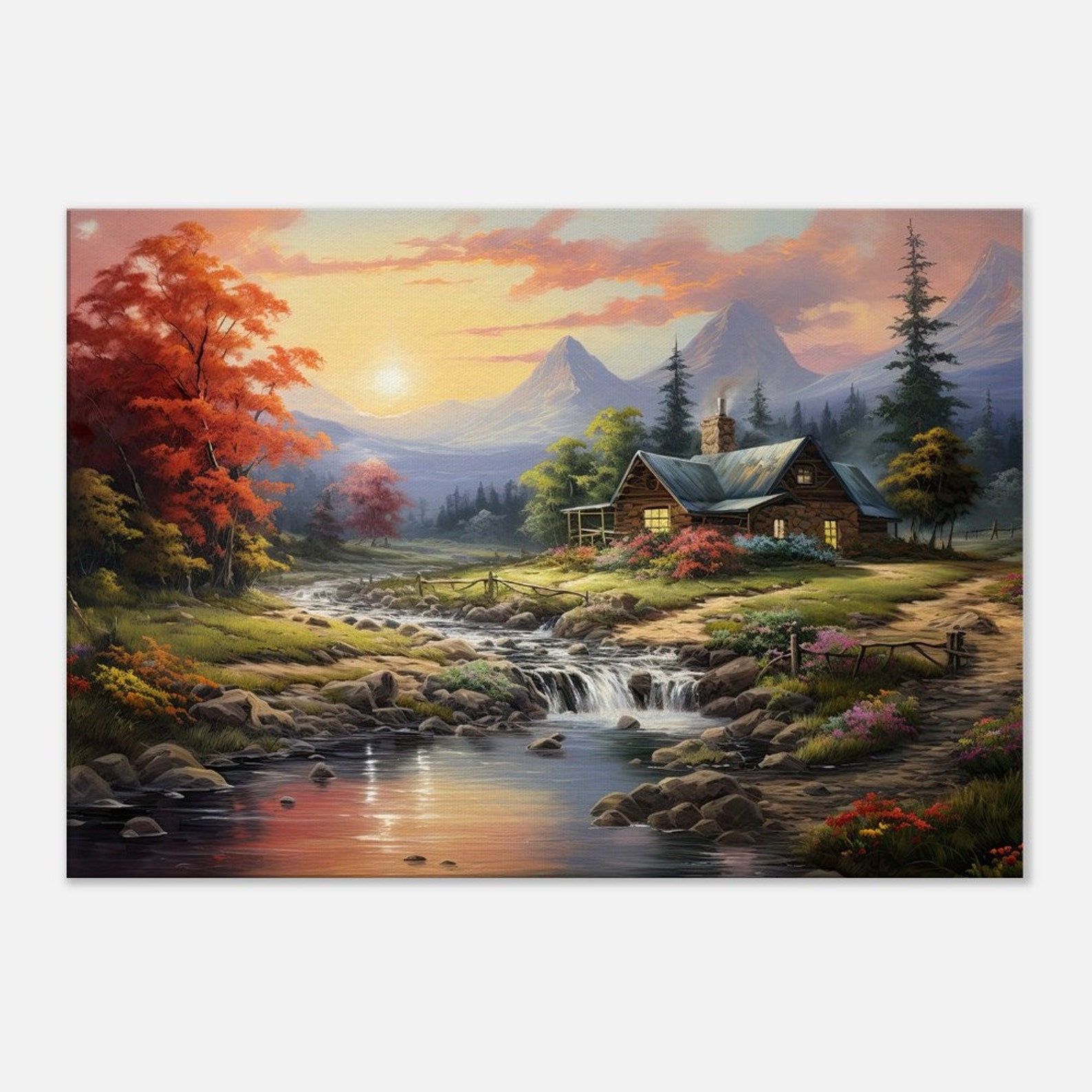 Cabin in the Mountains - Unframed Canvas Print, Landscape Canvas Wall ...