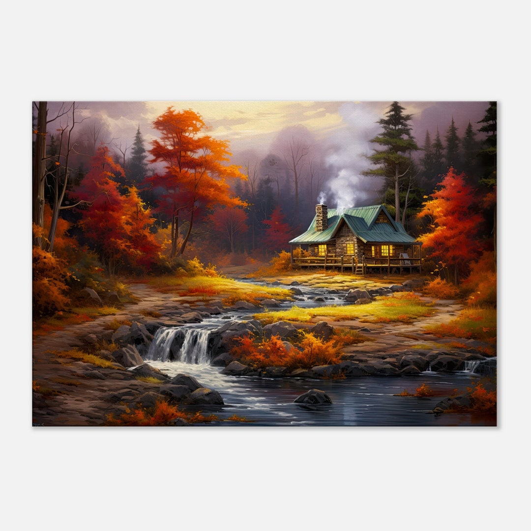Mountain Home Rustic Landscape Canvas Art, Autumn Forest Decor ...