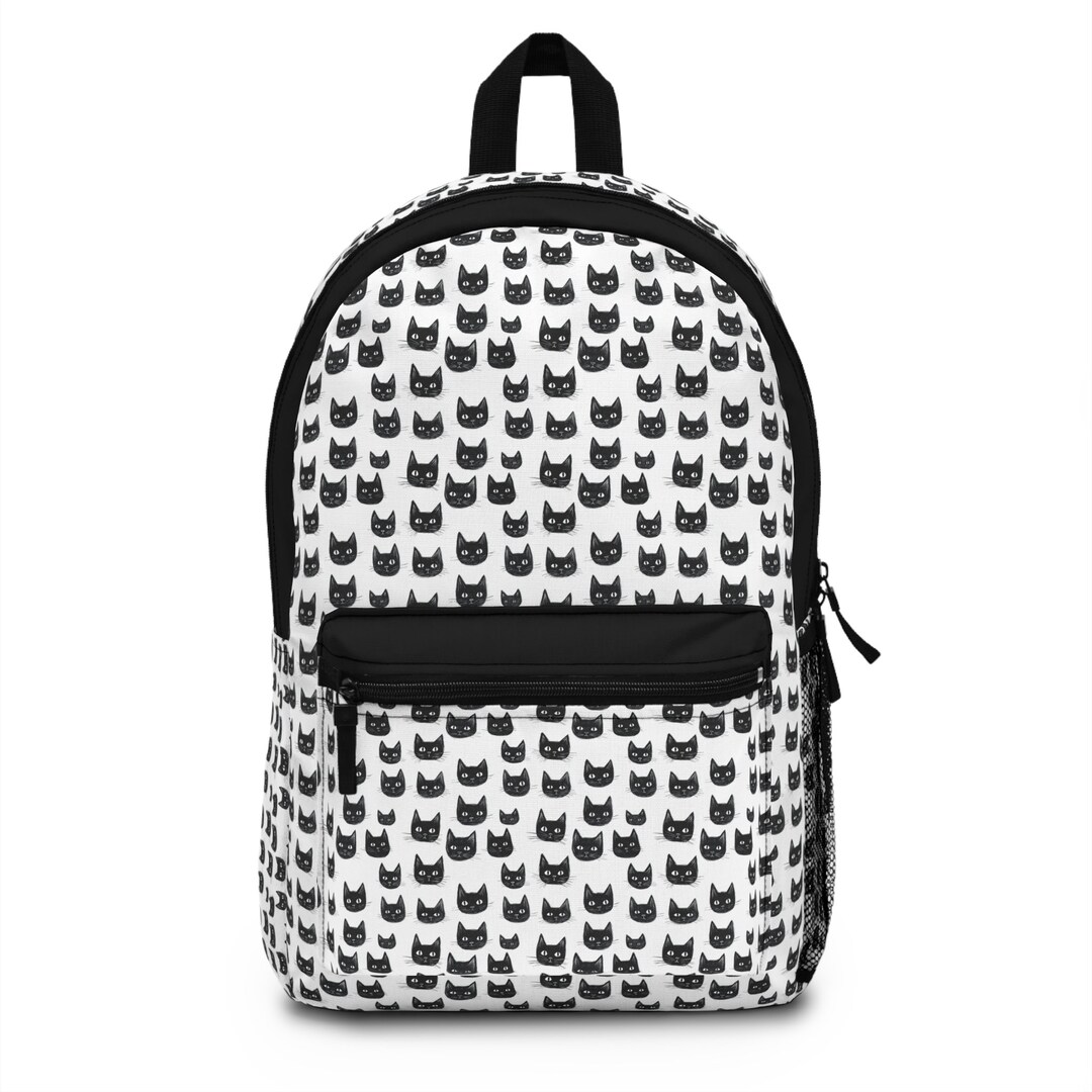 Black and White Cat Face Backpack - Black Trim, Back to School Supplies ...