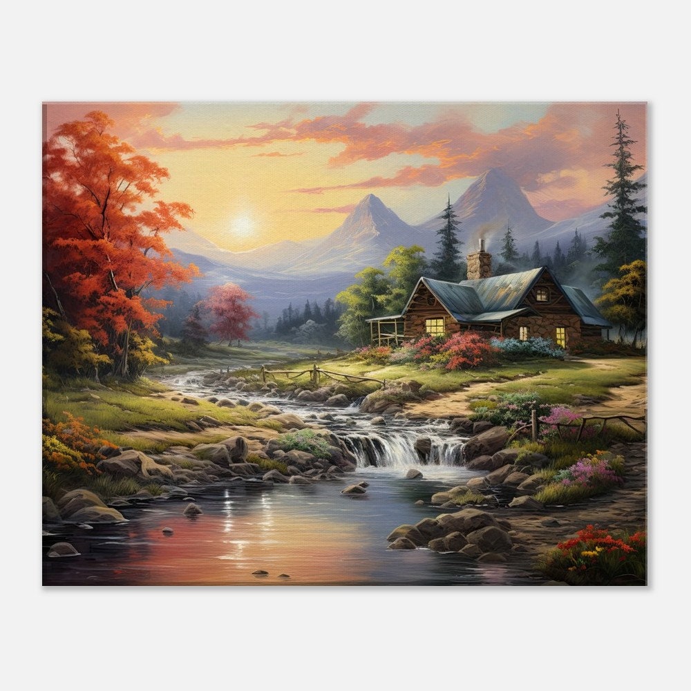 Cabin in the Mountains - Unframed Canvas Print, Landscape Canvas Wall ...