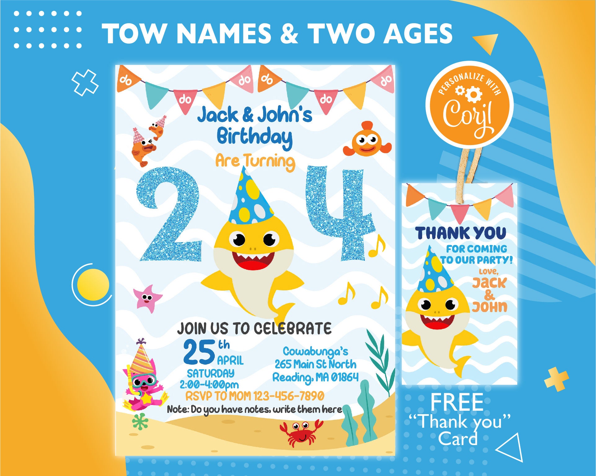 Two Names and Two Ages Birthday Party Invitation, Editable Invitation ...