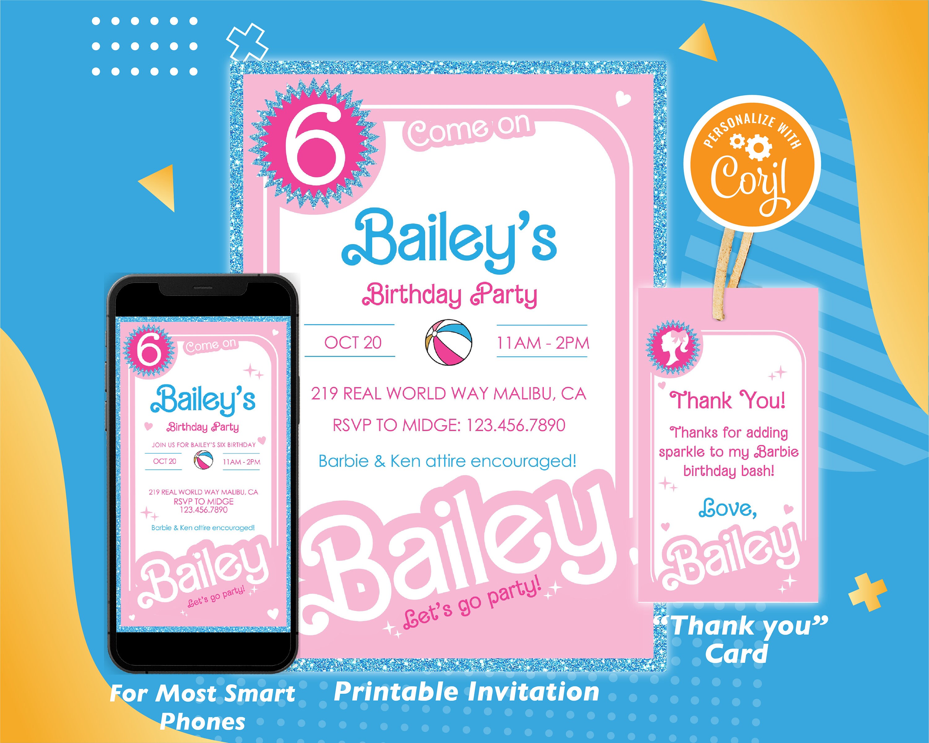 Doll Hot Pink Birthday Invitation Templates Digital Invitation ...