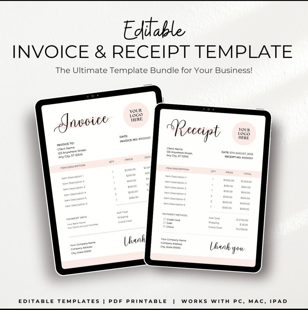 Editable Invoice & Receipt Canva Template Bundle | Invoice Template ...
