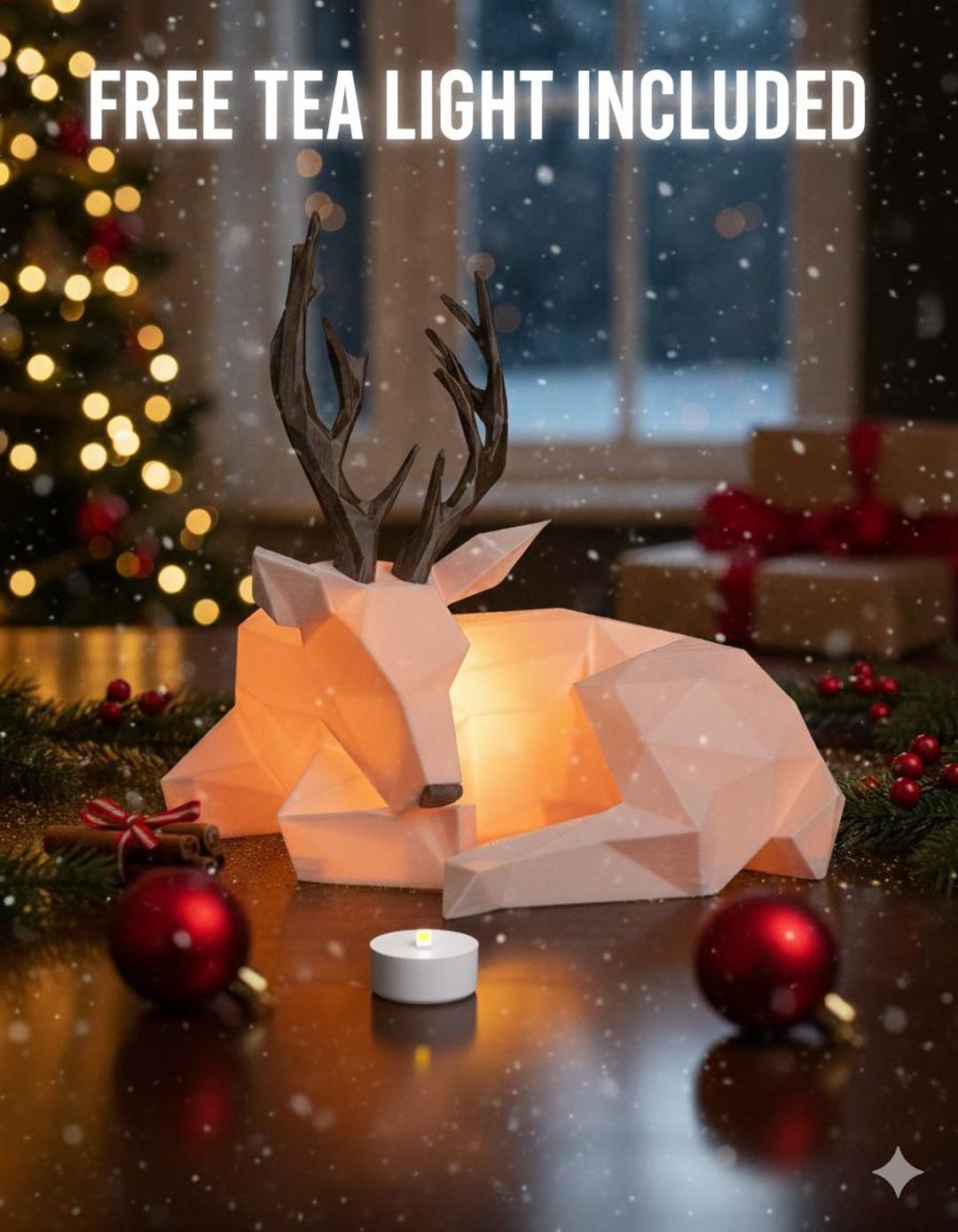 Low Poly Reindeer Night Light – 3D Printed Deer Lamp and LED Tea Light ...