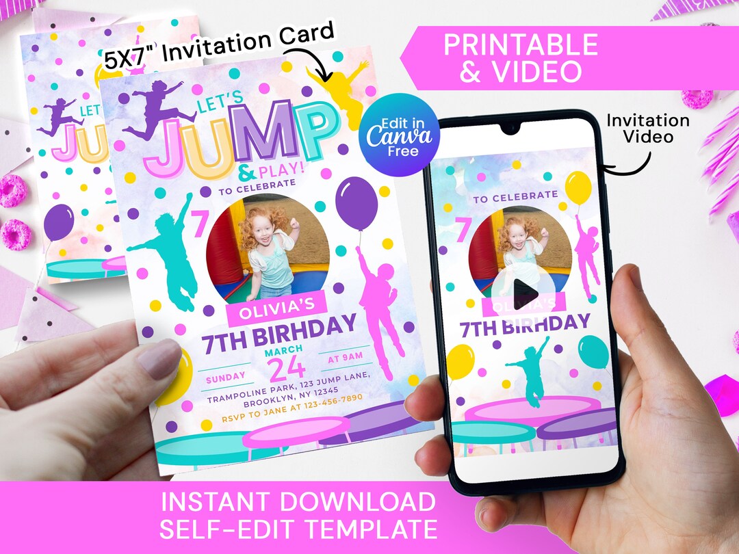 Trampoline Park Birthday Invitation With Photo, Jump Party Invitation ...