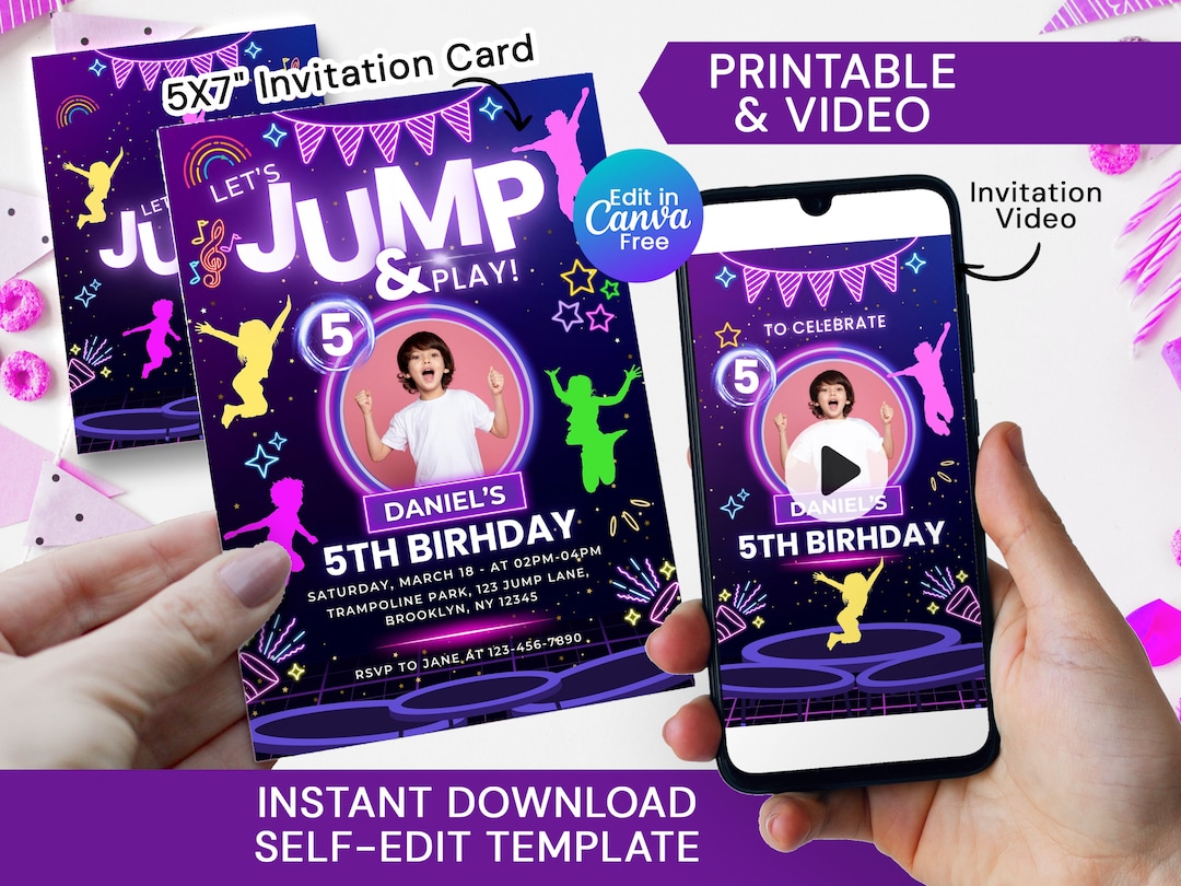 Trampoline Park Birthday Invitation With Photo, Jump Party Invitation ...