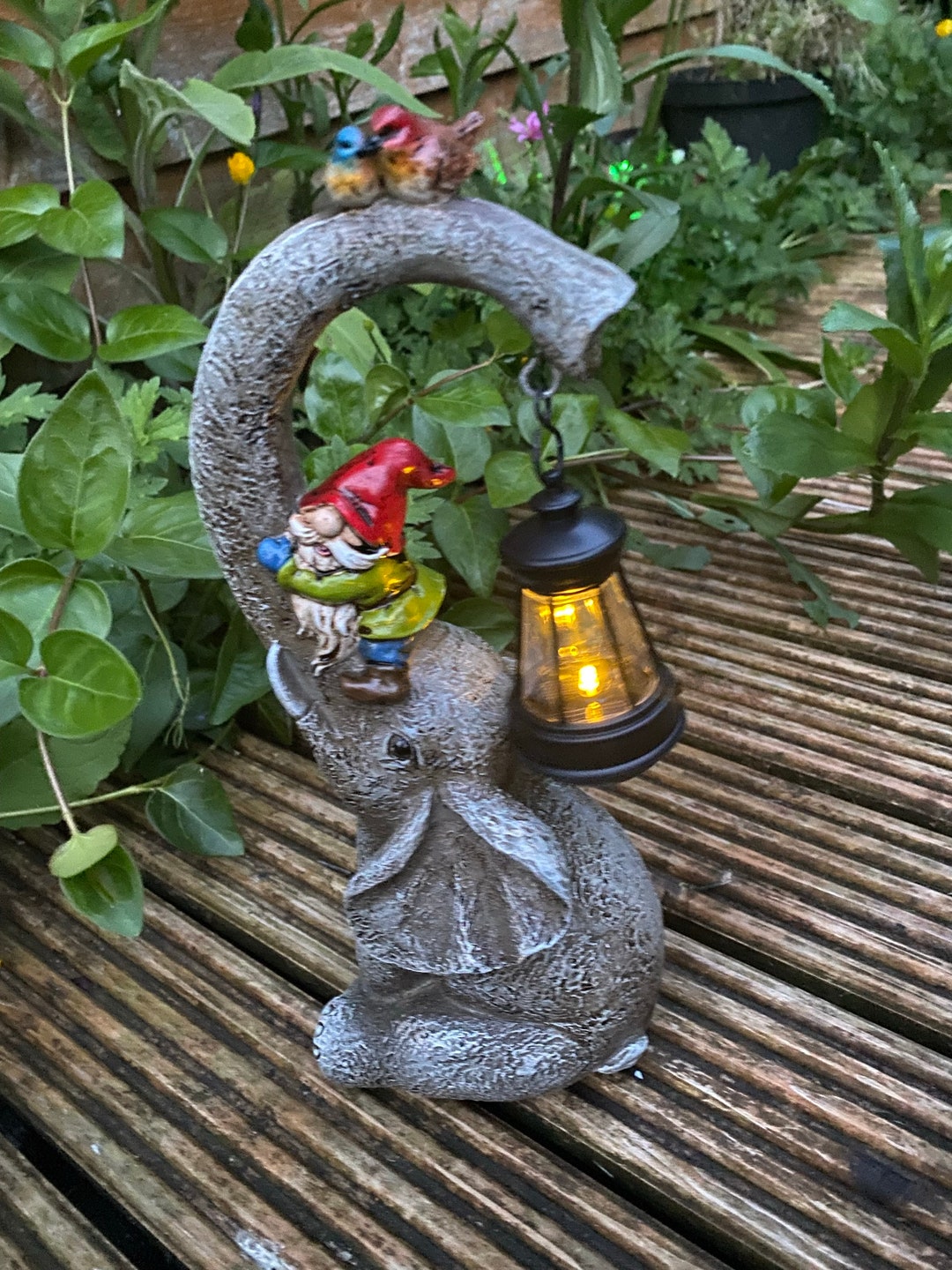 Elephant Lantern Garden Ornament Solar Powered Bird and Gnomes Outdoor ...