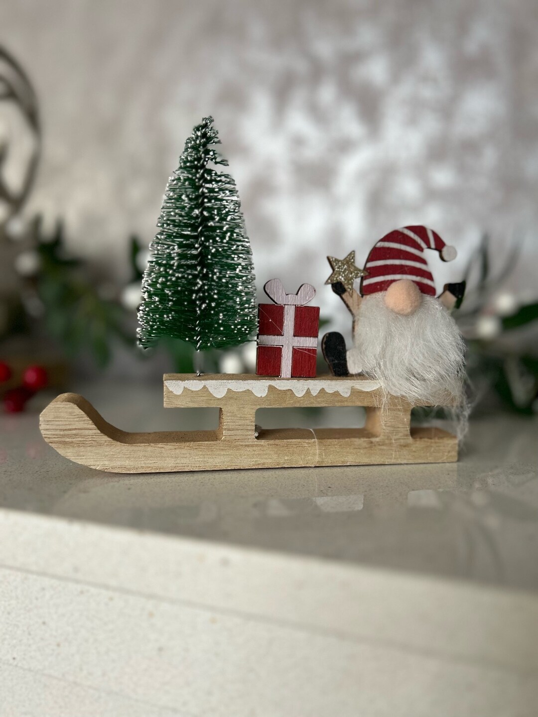 Wooden Nordic Gonk Sleigh Christmas Scene Ornament Novelty Gnome Xmas ...