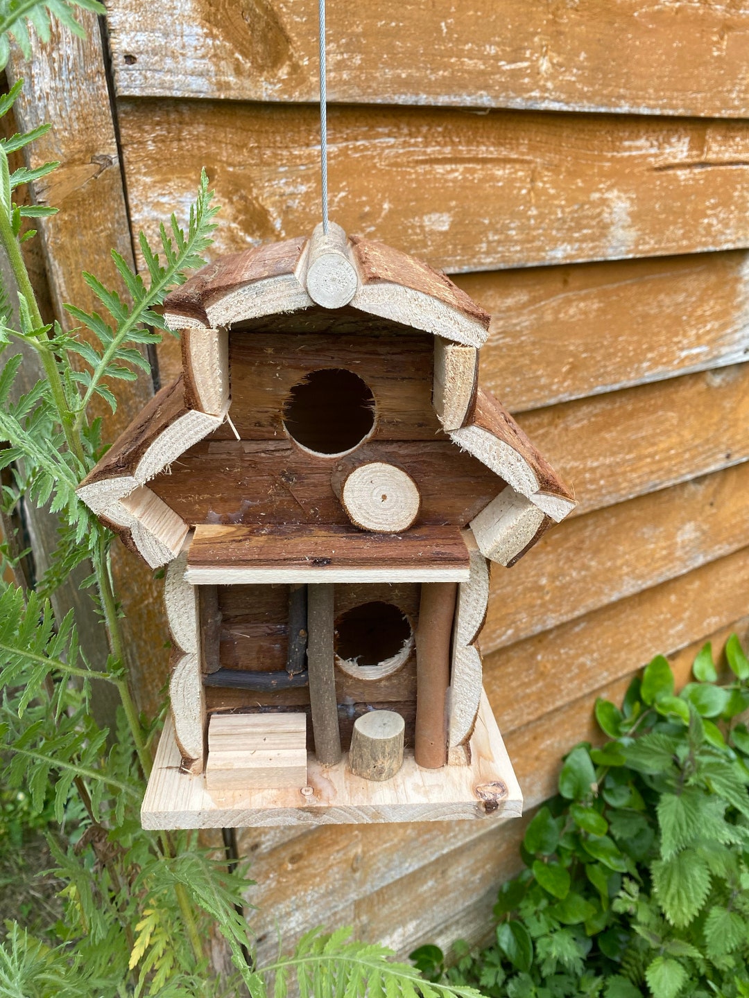 Bark Bird House Feeder Hanging Box Perch Wooden Feeding Display Nest ...