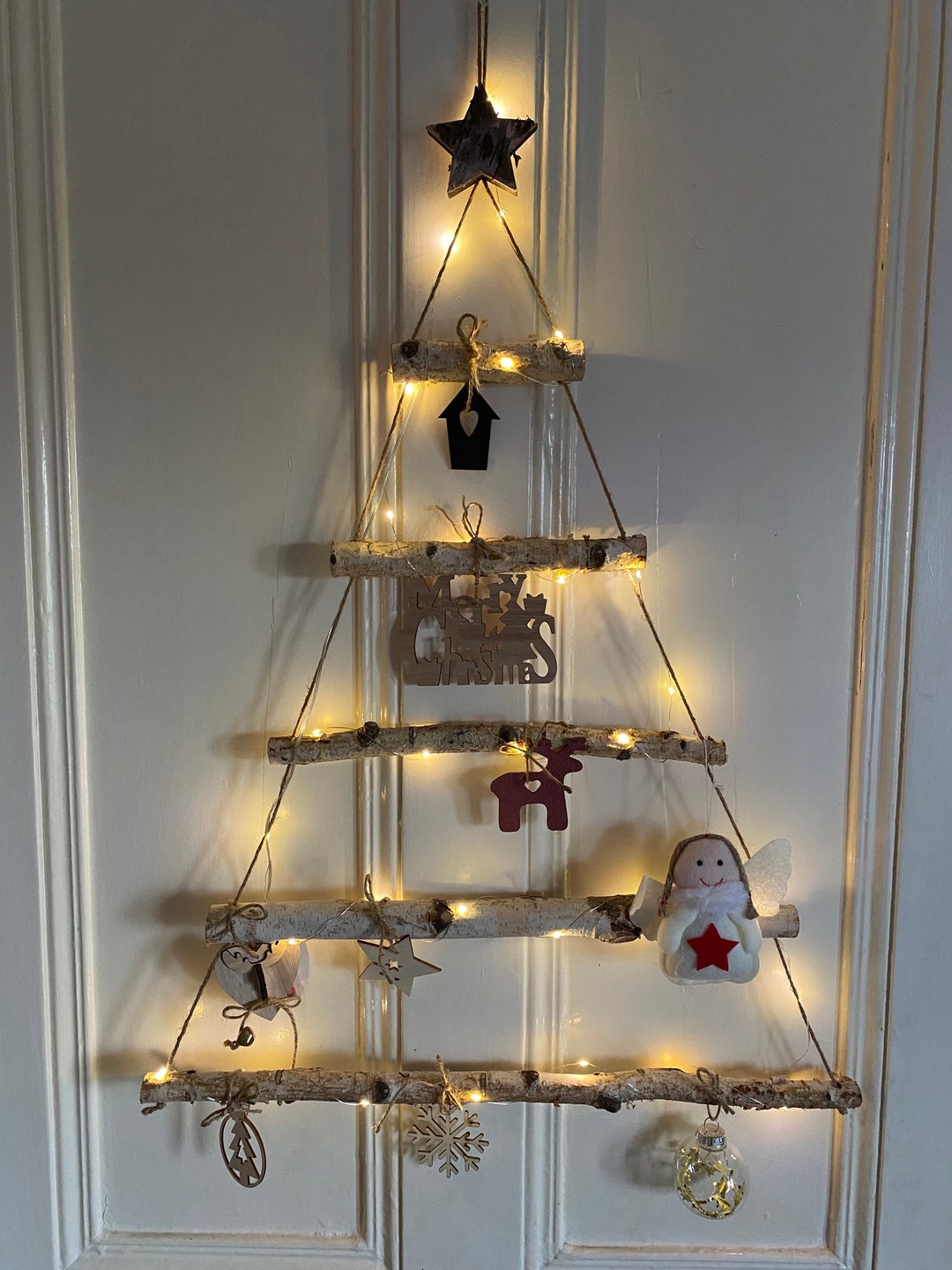 Christmas Wooden Hanging Tree With Decorations Pre-lit DIY Ladder Trees ...