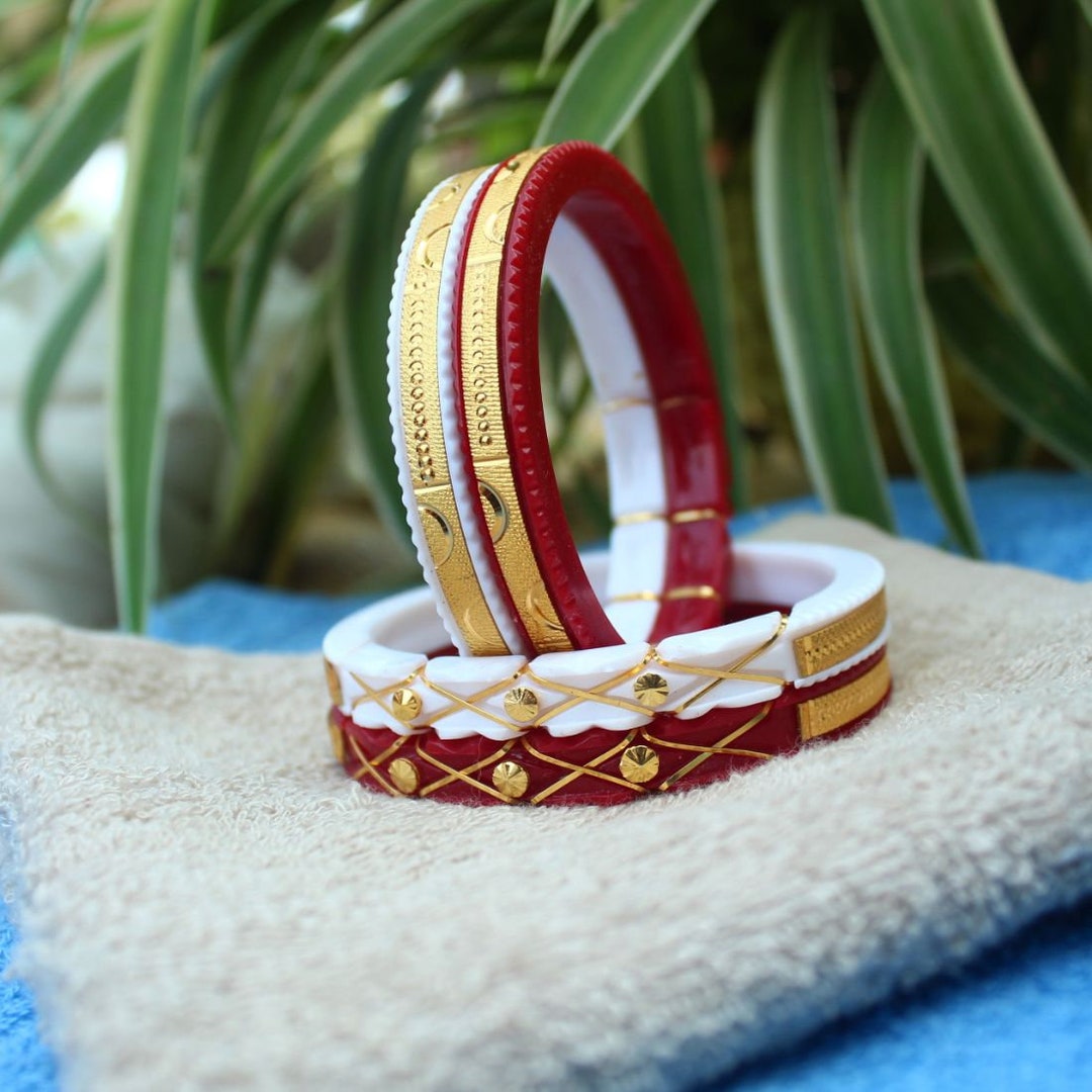 Handmade Shakha Pola Gold Plated Acrylic Bangle for Women, Red and ...