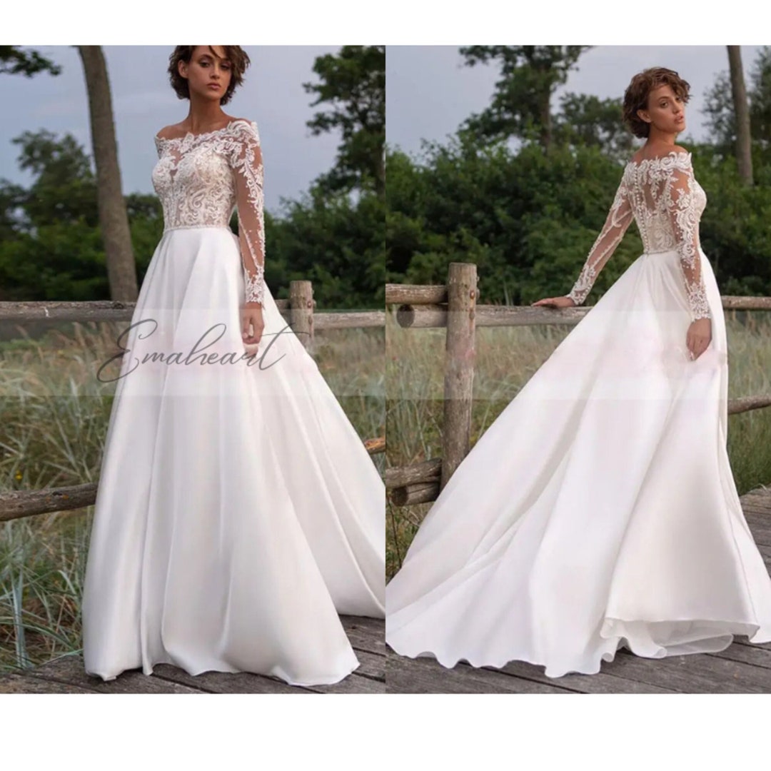 Full Sleeve Boat-neck Wedding Gown Applique Lace, Button Illusion Back ...