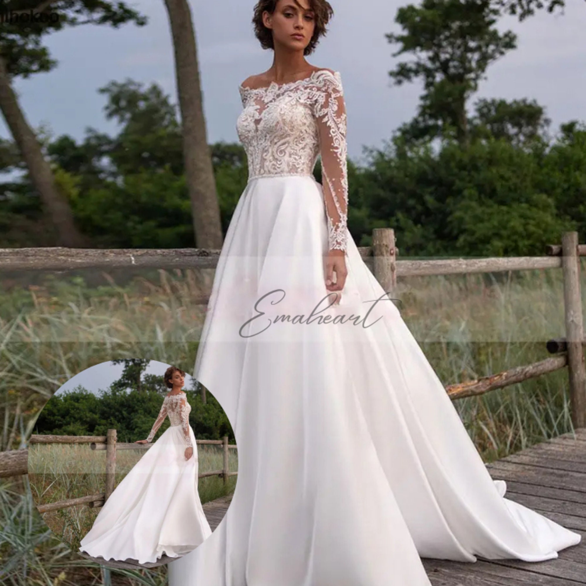 Full Sleeve Boat-neck Wedding Gown Applique Lace, Button Illusion Back ...