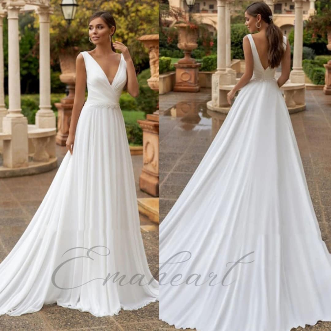 Boho Chiffon V-neck Beach Wedding Dress Simple Backless Pleat A-line ...