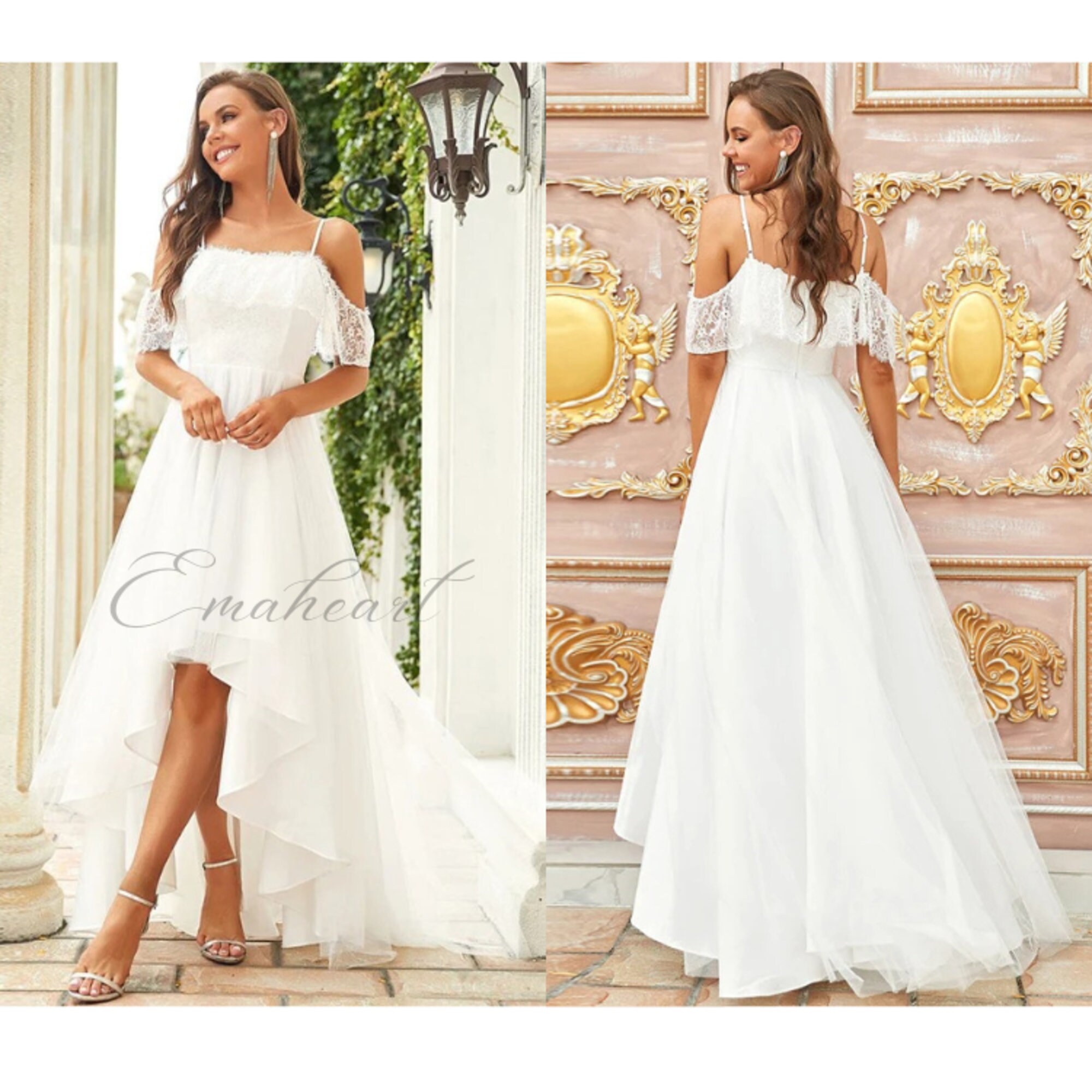 Chic Asymmetrical Wedding Dresses Spaghetti Straps, Short Sleeves, Open ...