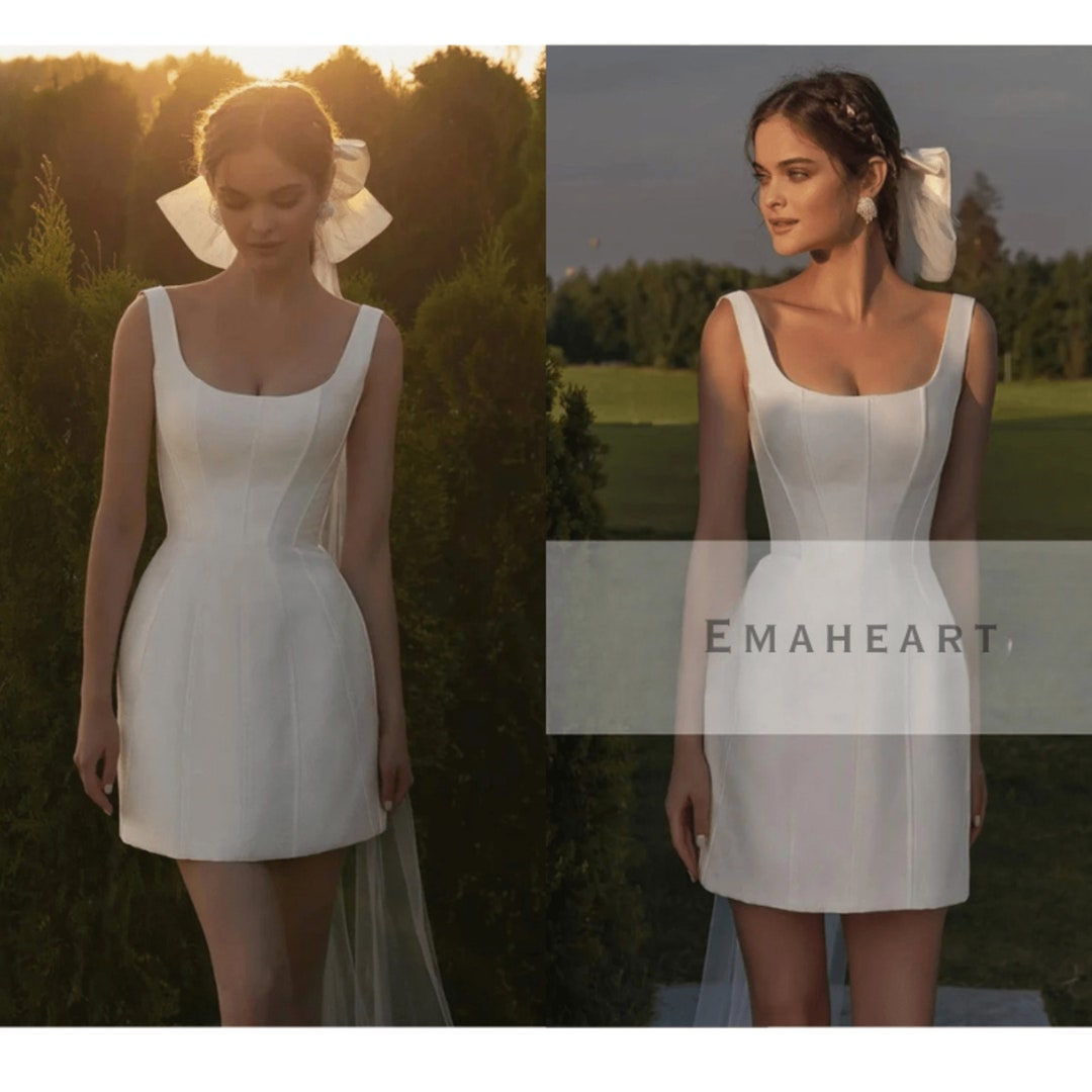 Elegant Open Back Short Wedding Dress Spaghetti Straps, Square Collar ...