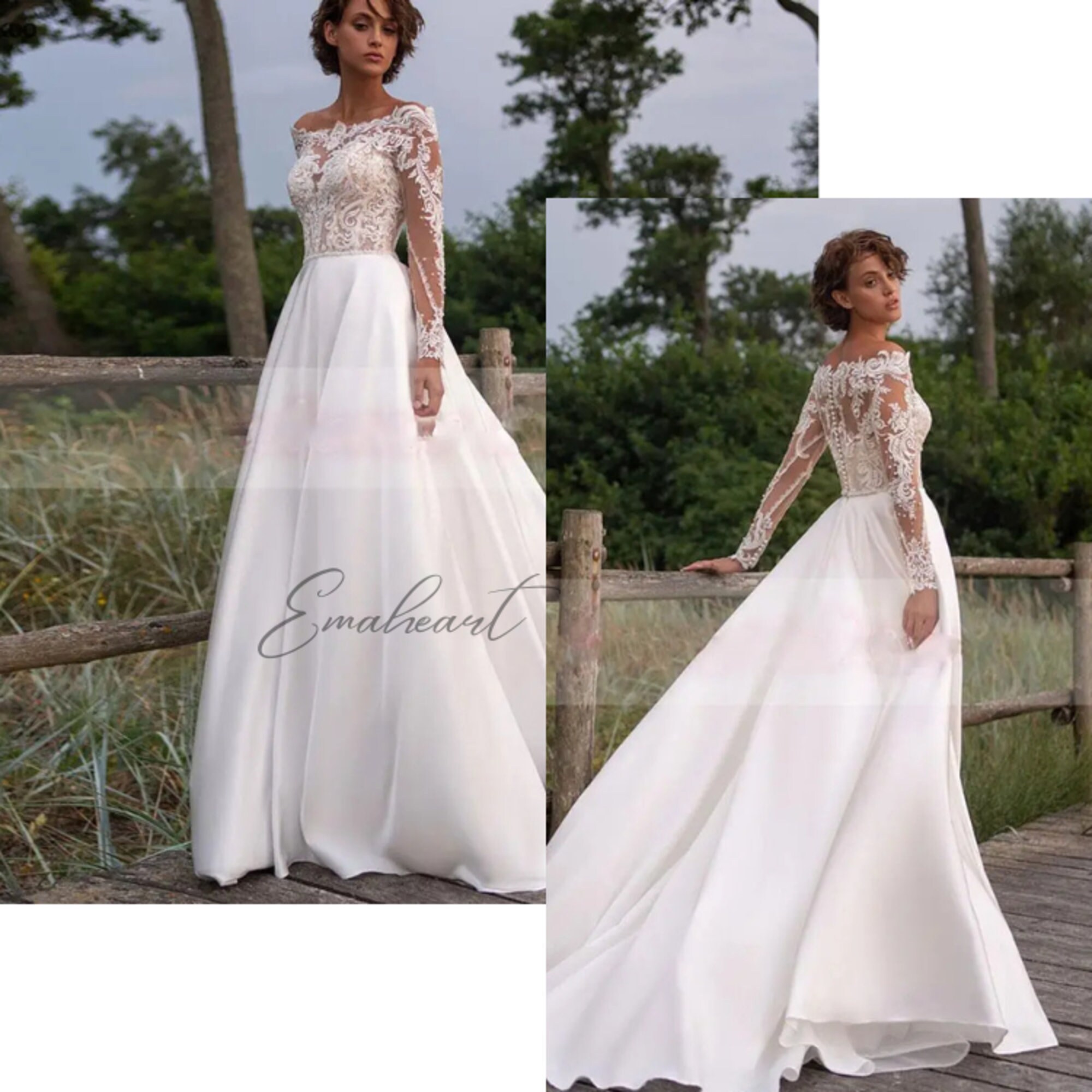 Full Sleeve Boat-neck Wedding Gown Applique Lace, Button Illusion Back ...