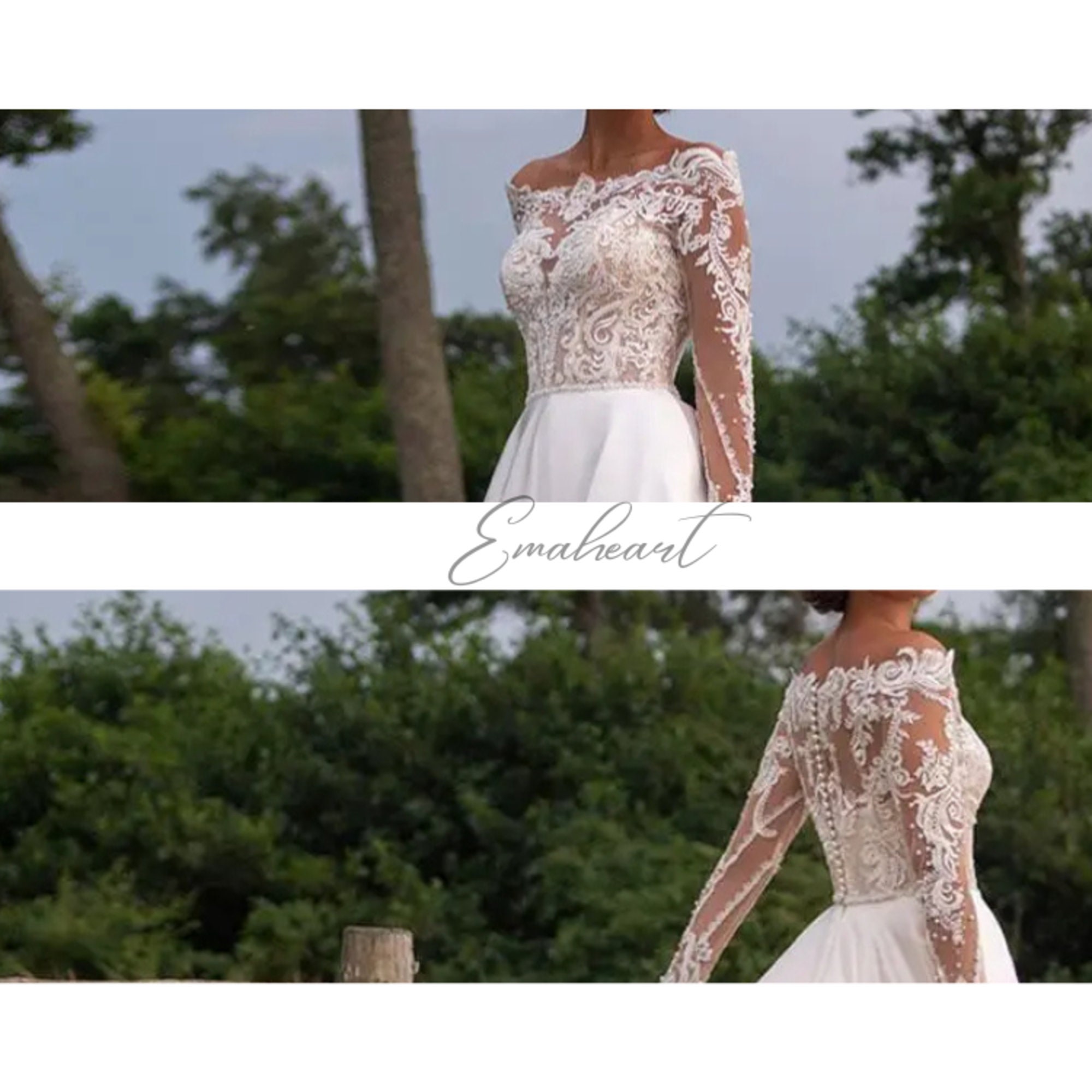 Full Sleeve Boat-neck Wedding Gown Applique Lace, Button Illusion Back ...